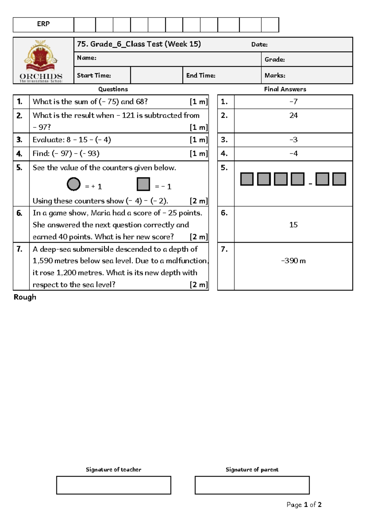 ERP 75. Grade 6 Class Test (Week 15) - Math Questions & Answers - Studocu