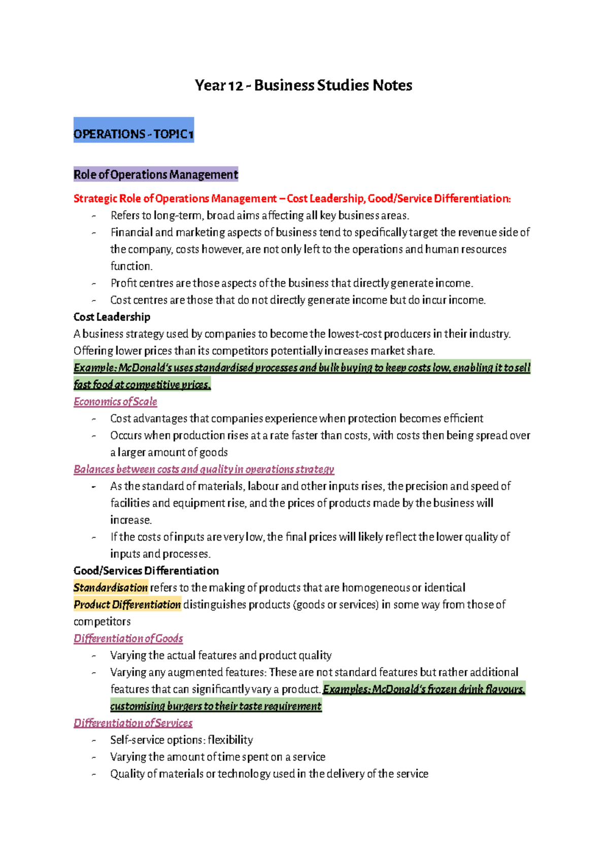 Year 12 Operations Management Business Studies Final Exam Notes - Studocu
