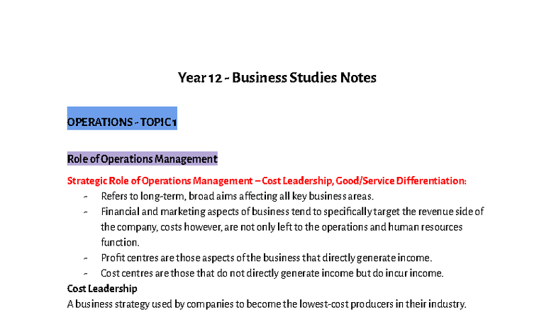 Year 12 Operations Management Business Studies Final Exam Notes - Studocu