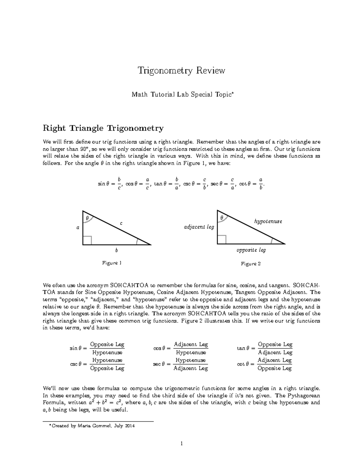 Pre-Calculus Trigonometry Review Notes - Core Concepts and Functions ...