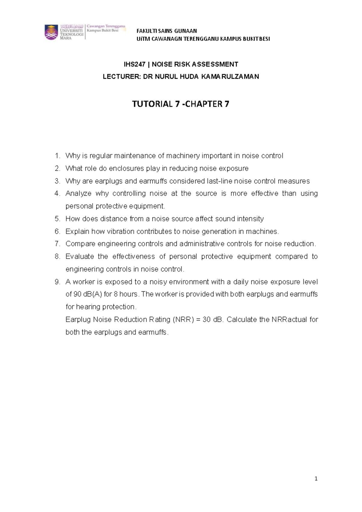 IHS247 Noise Risk Assessment Tutorial Chapter 7 Notes - Studocu