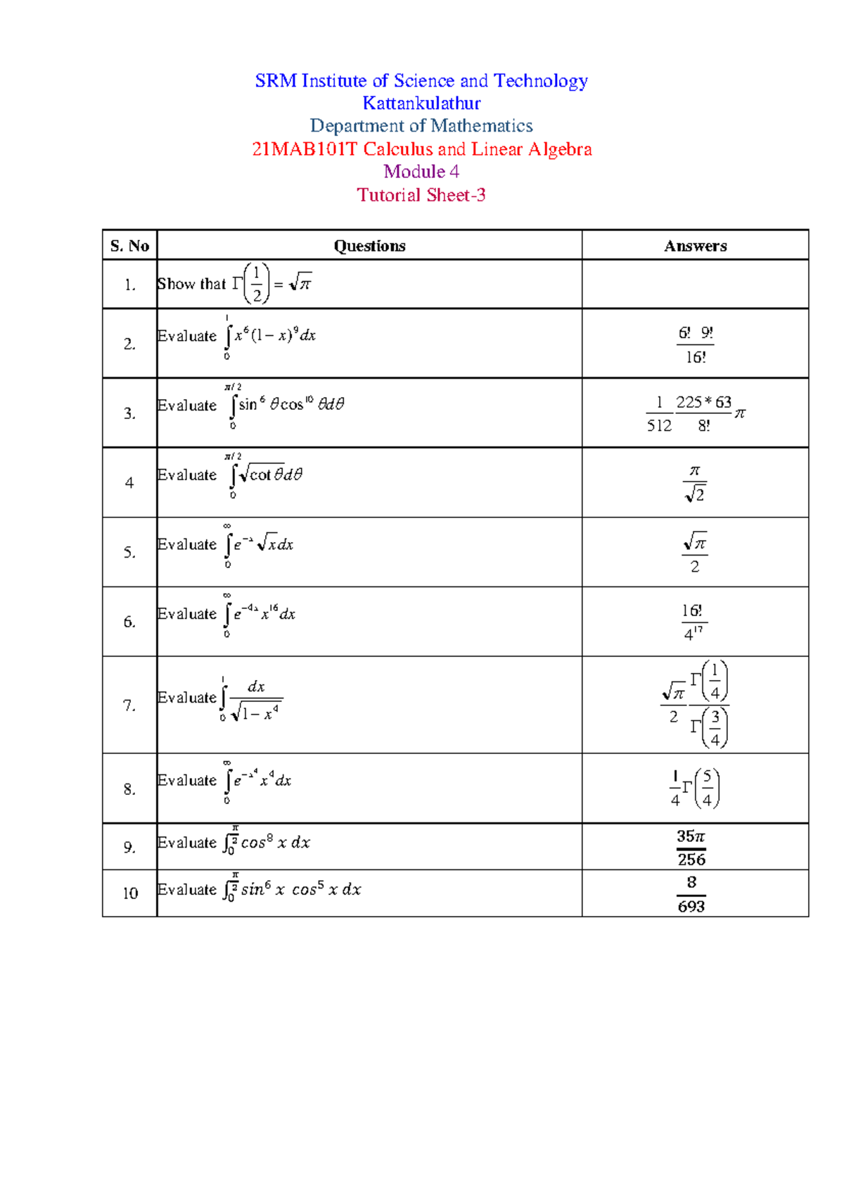 21MAB101T Calculus Module 4: Differential Calculus & Beta Functions ...