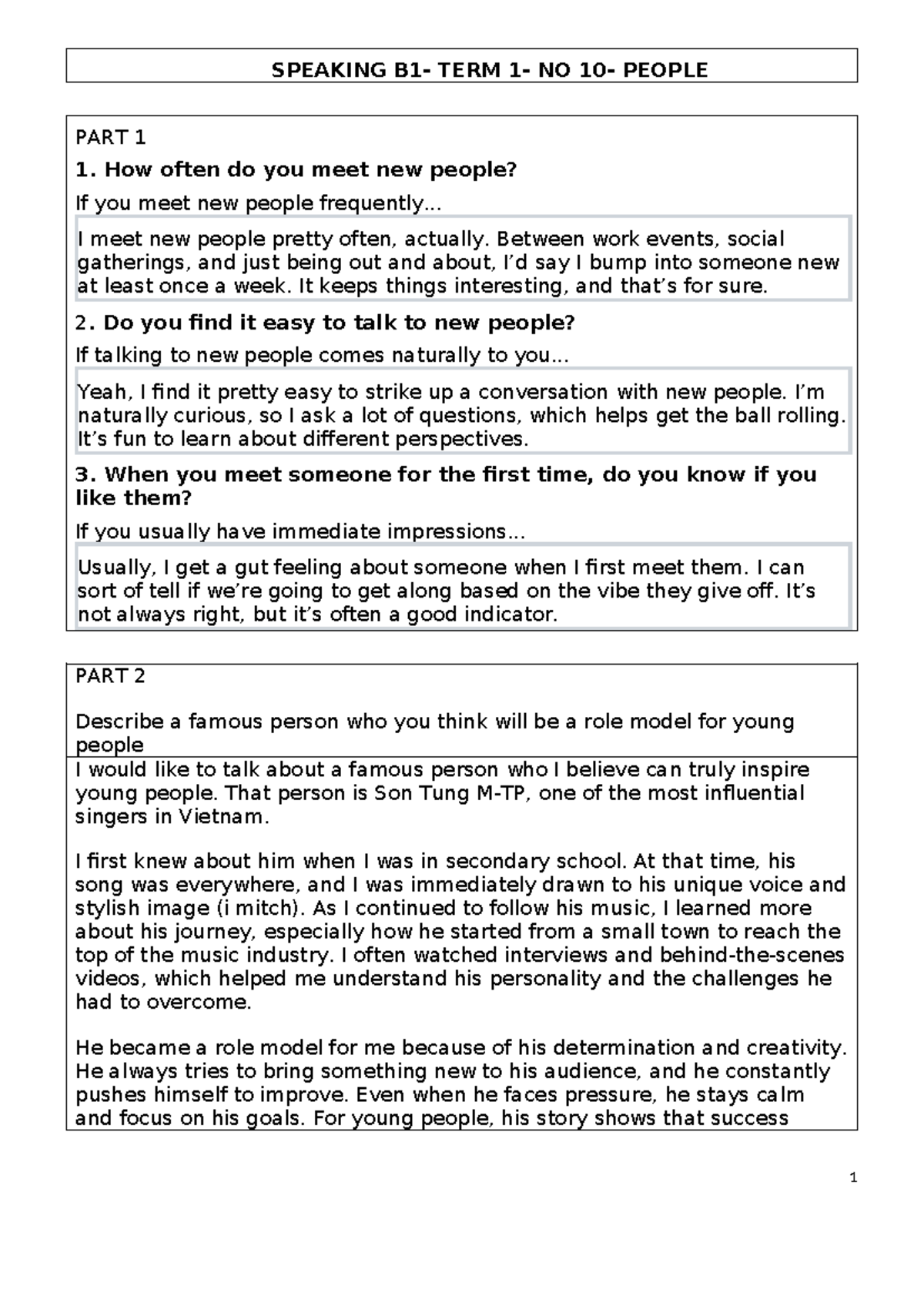 Speaking B1 - Term 1 - No 10 - Meeting New People & Role Models - Studocu