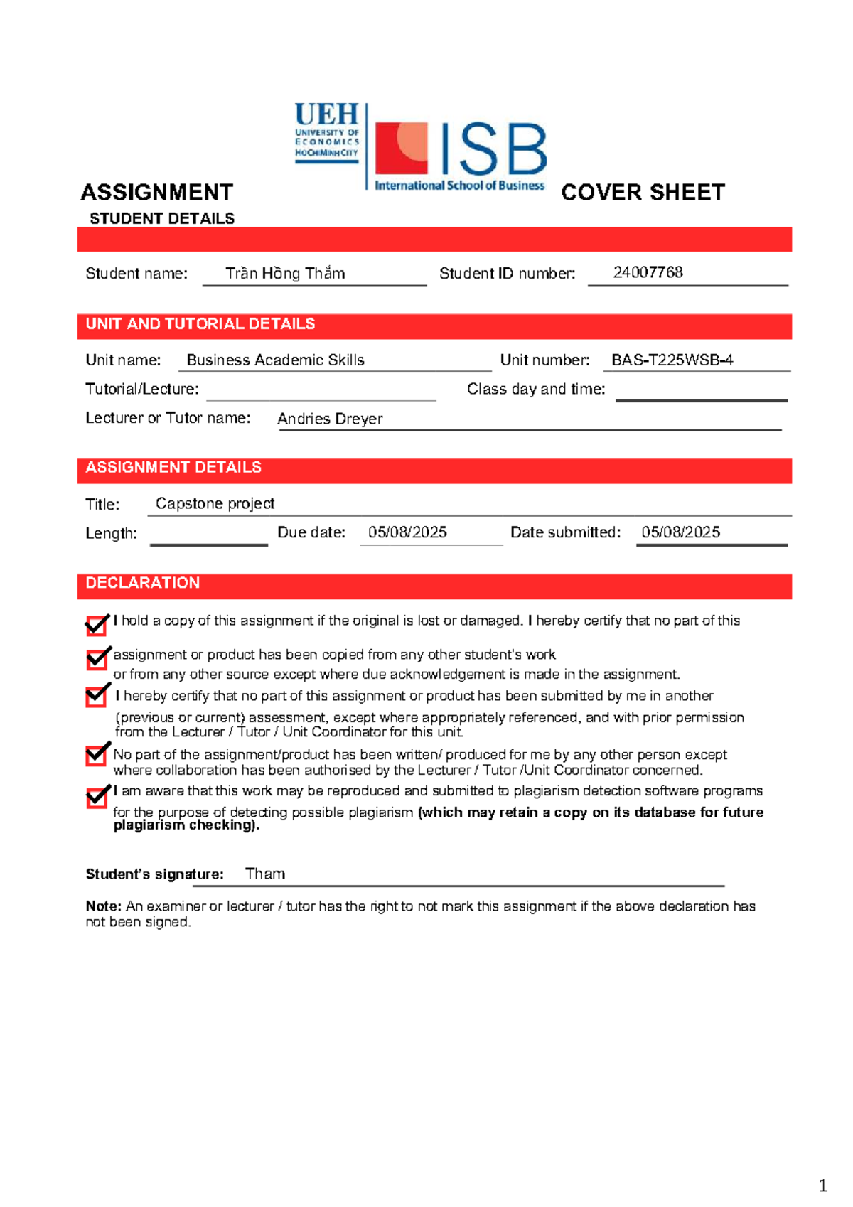 BUSS101: Capstone Project Assignment Cover Sheet and Details - Studocu