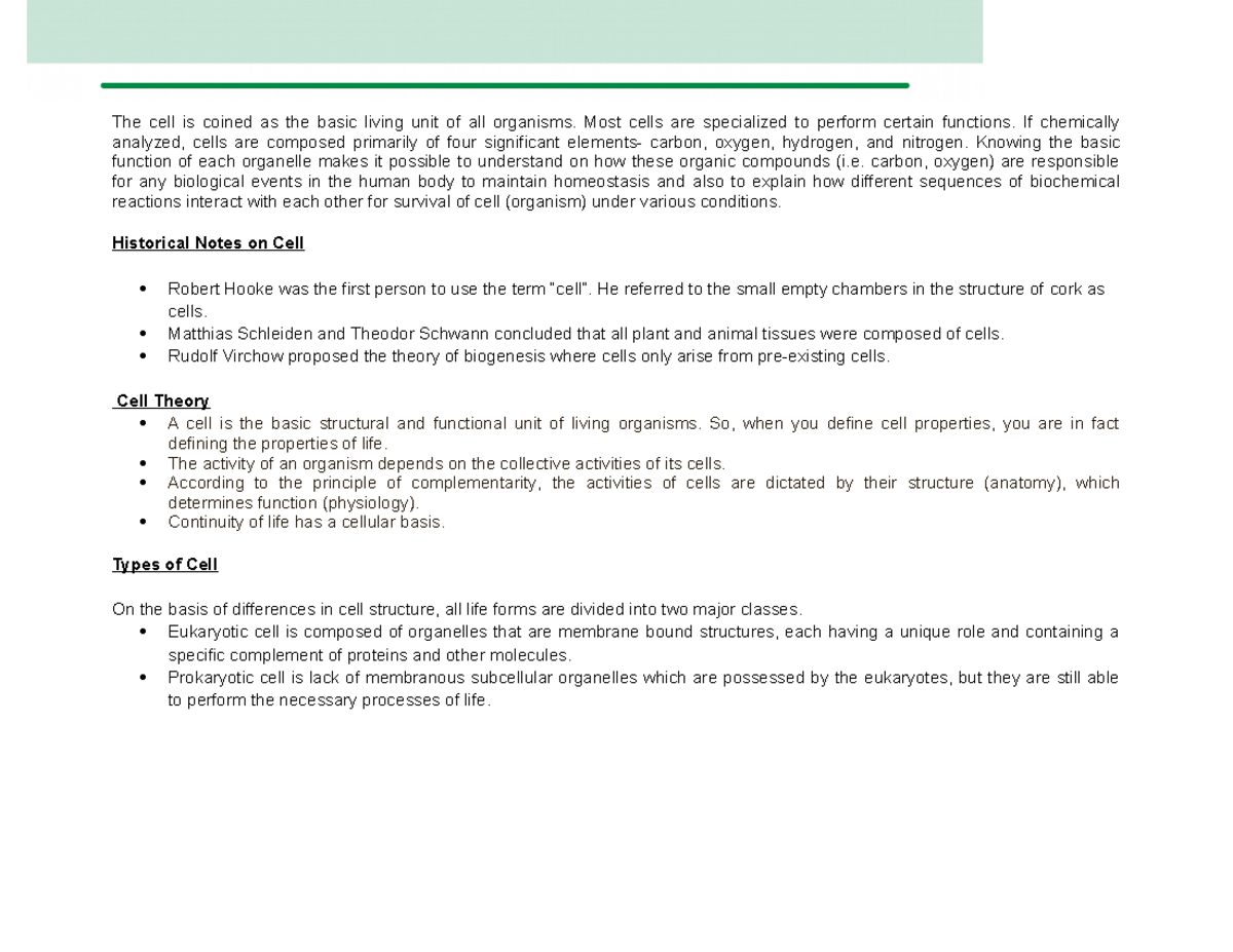 Biochemistry Prelims - Cell Structure and Function Notes - Studocu