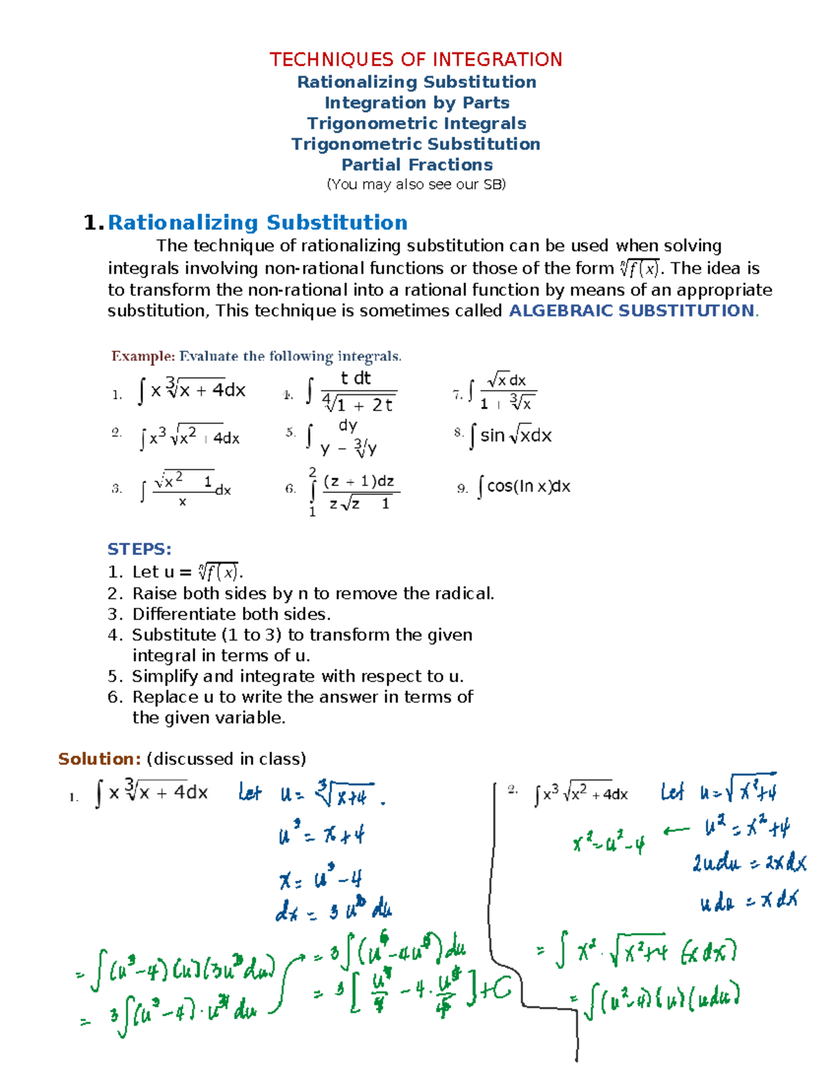 Techniques of Integration: Rationalizing & IBP Methods - Studocu
