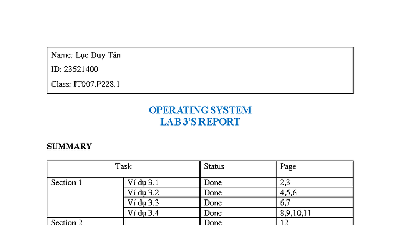 IT007.P228.1 OPERATING SYSTEM LAB REPORT SUMMARY - LAB3 - Studocu