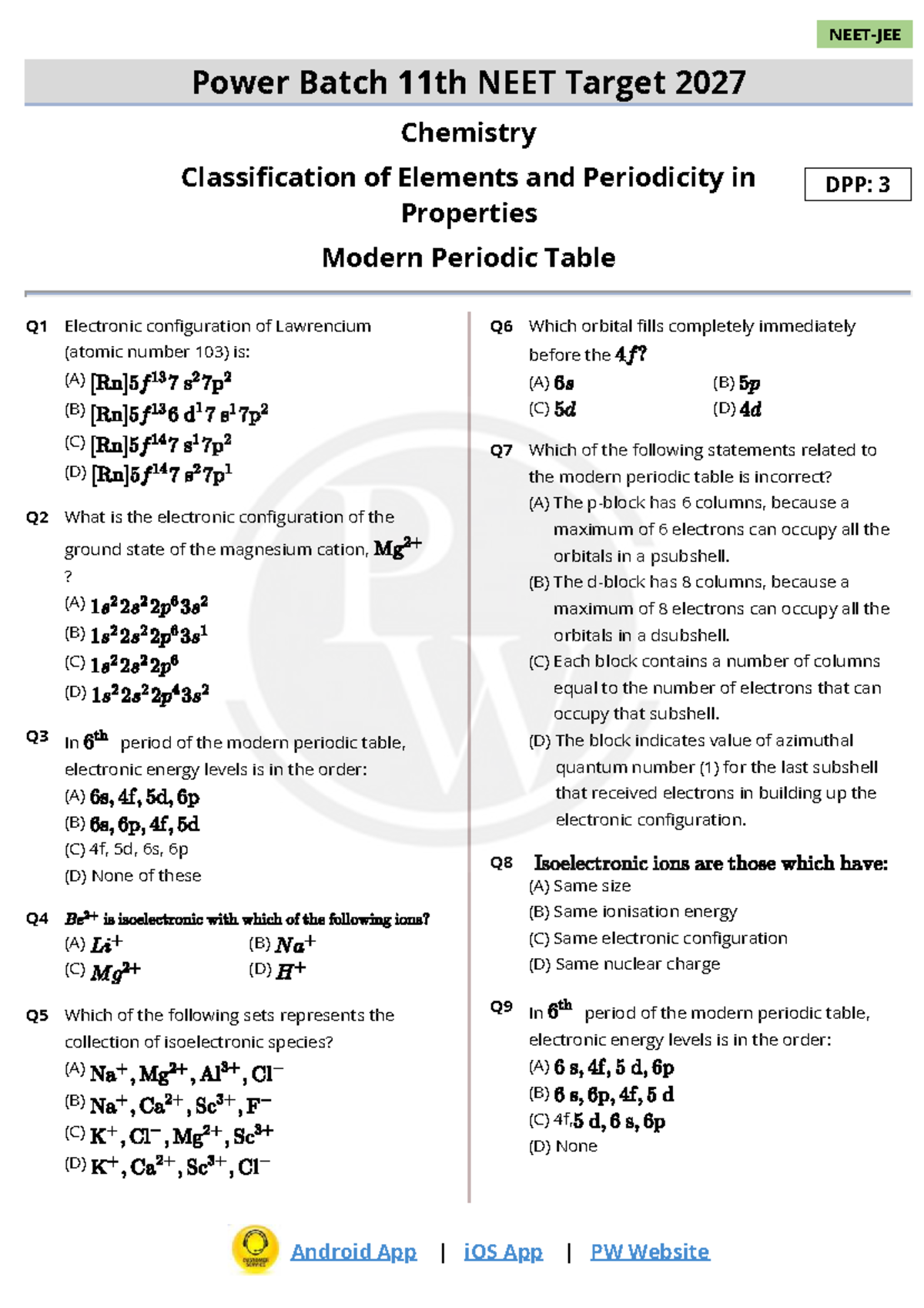 Power Batch 11th NEET Target 2027 Chemistry DPP: Classification of ...
