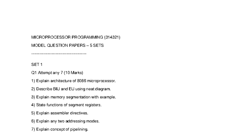 Microprocessor Programming (314321) Model Question Papers - 5 Sets - Studocu