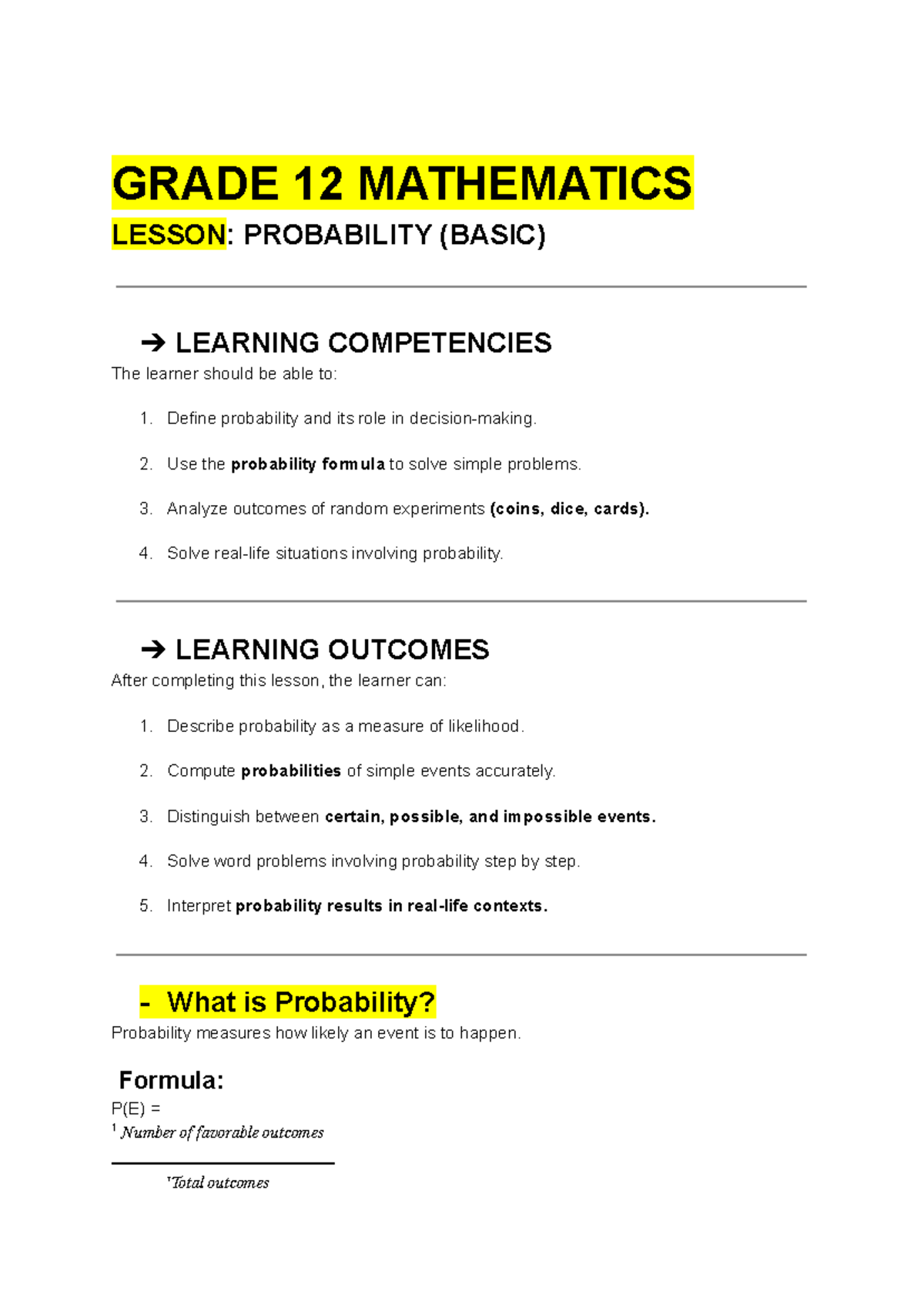 GRADE 12 MATHEMATICS LESSON: BASIC PROBABILITY REVIEW - Studocu