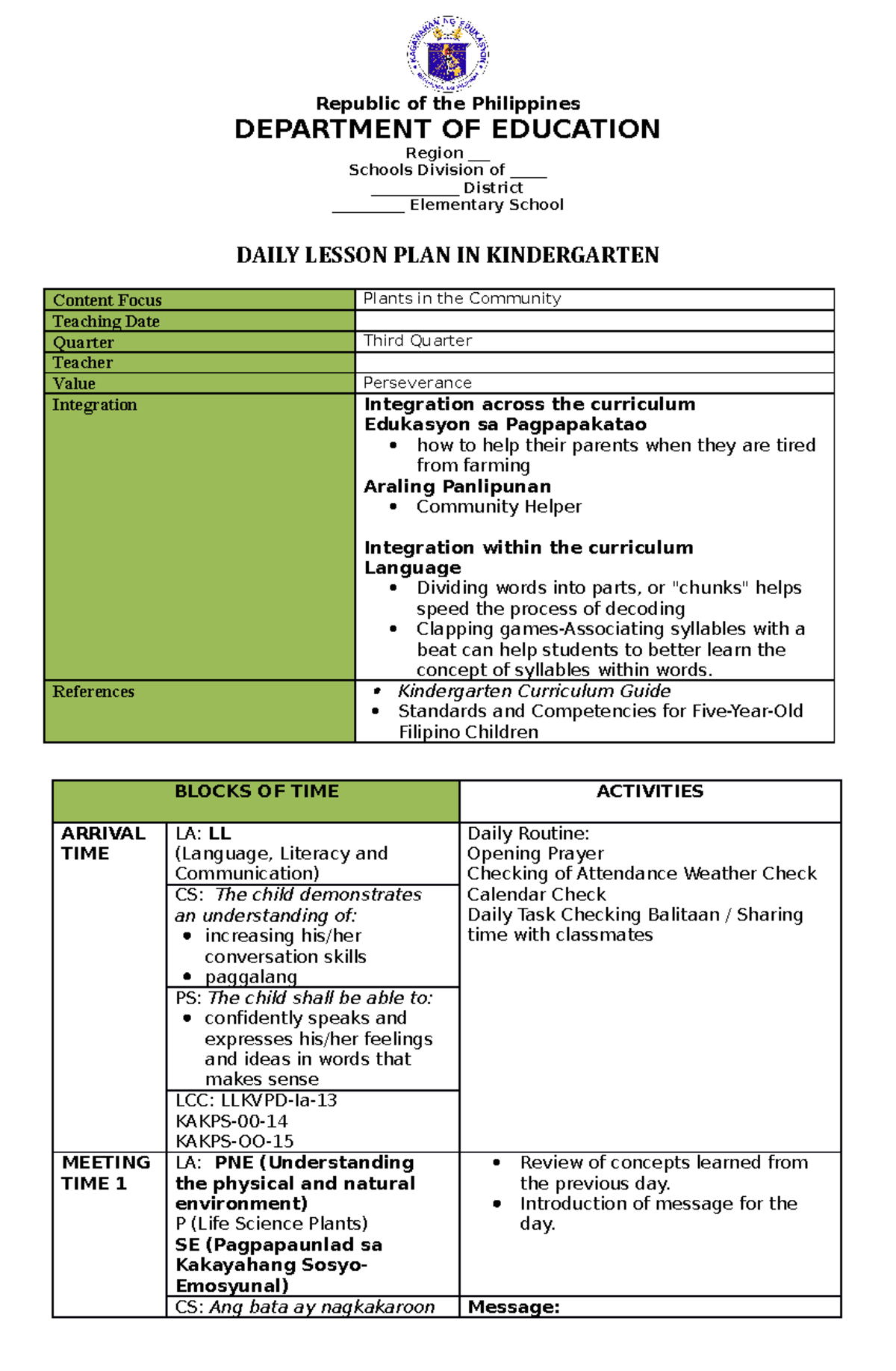 COT - Kindergarten Daily Lesson Plan: Third Quarter Focus on Plants ...