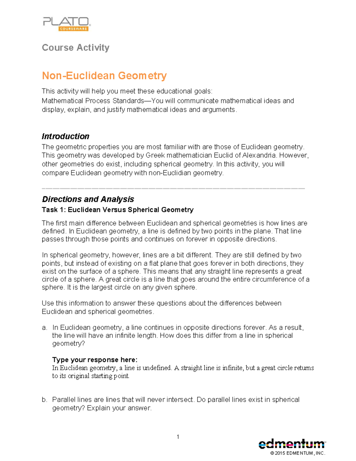 A1.01 Non-Euclidean Geometry CA: Comparing Euclidean & Spherical ...