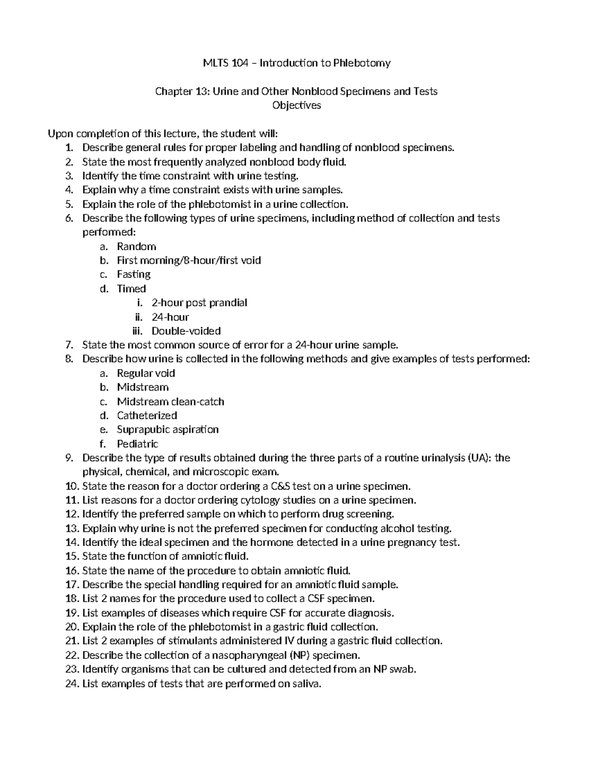 MLTS 104 Final Exam: Urine & Nonblood Specimens Overview - Studocu