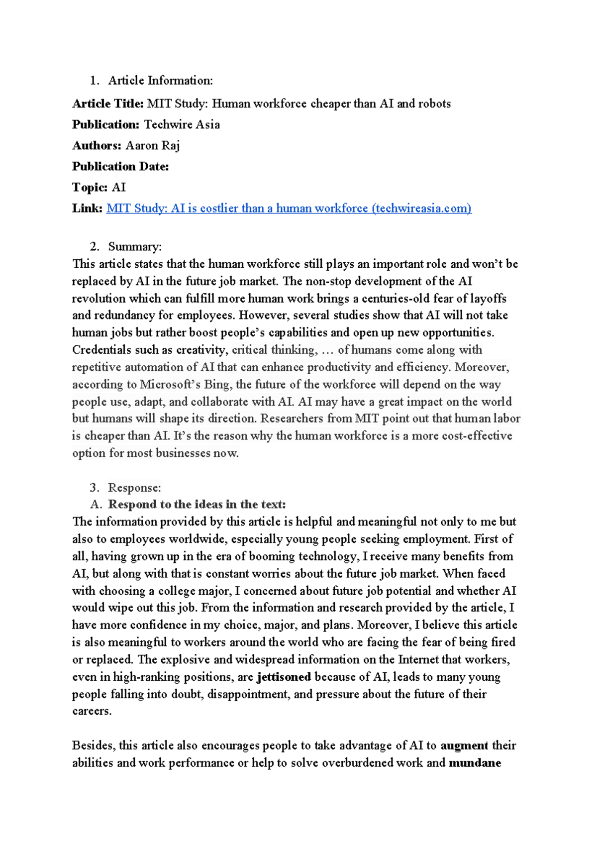 Reading response 1 - Article Title: MIT Study: Human workforce cheaper than AI and robots ...