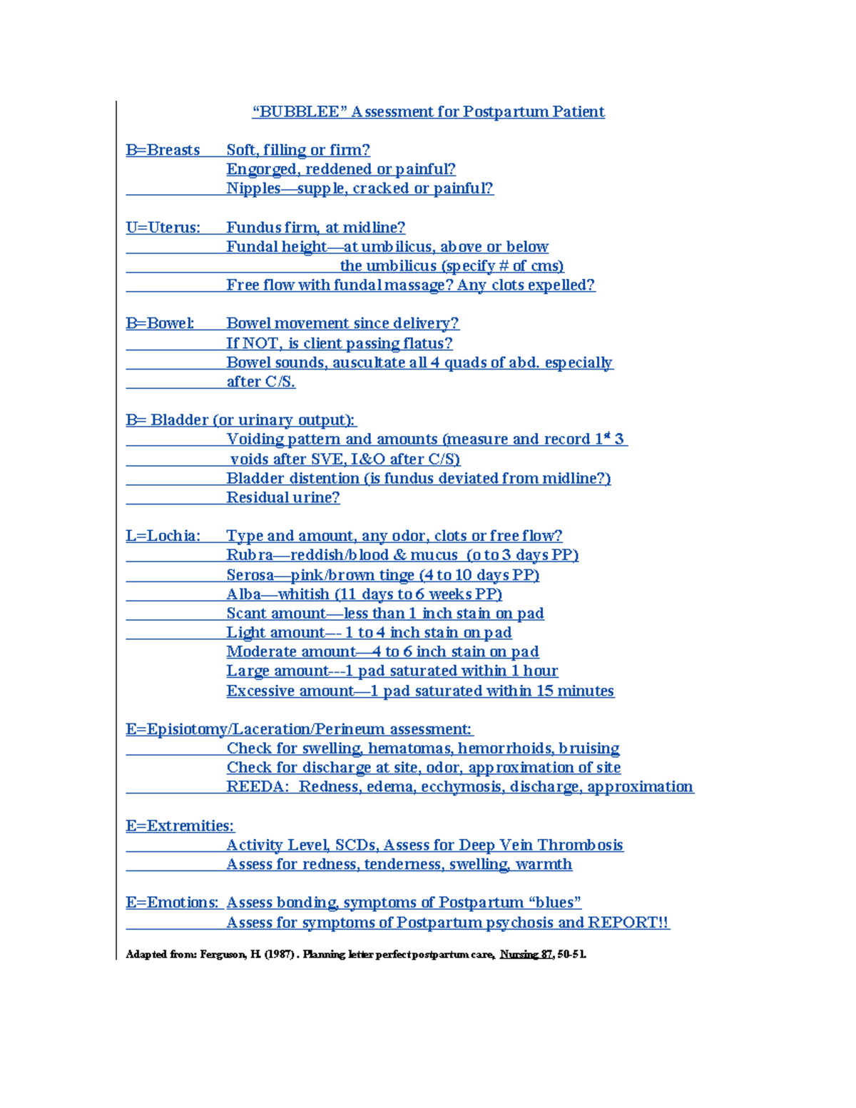 Postpartum Patient Assessment: BUBBLEEE Overview for Nursing - Studocu