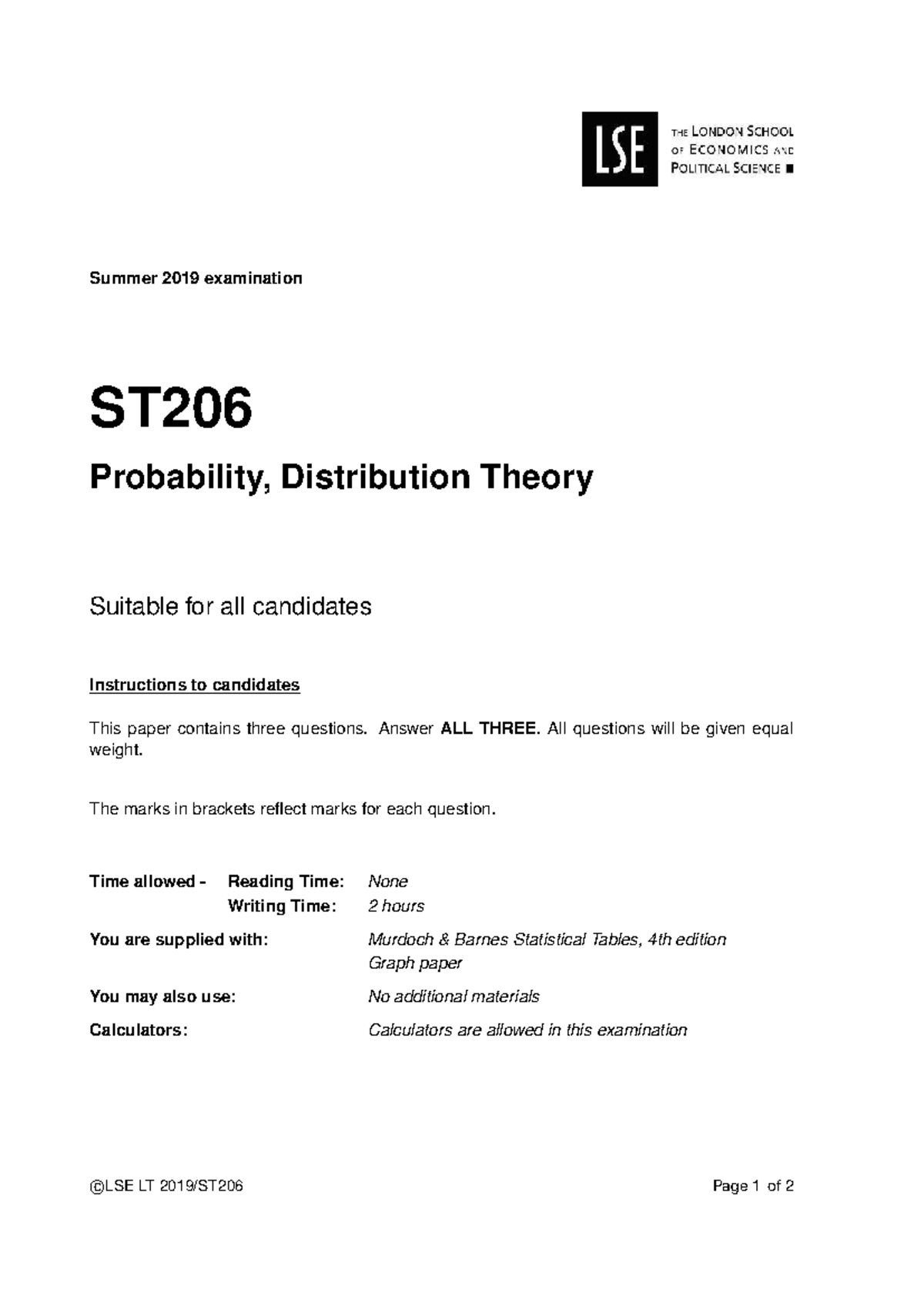 ST206 Summer 2019 Exam: Probability & Distribution Theory - Studocu