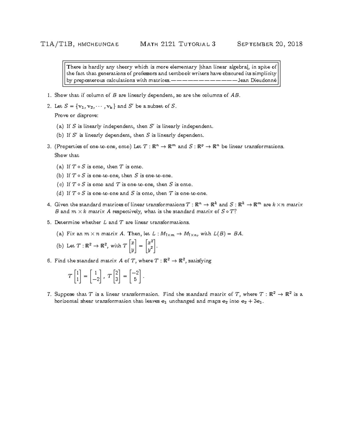Math 2121 Problem Set 3: Linear Transformations & Properties - Studocu