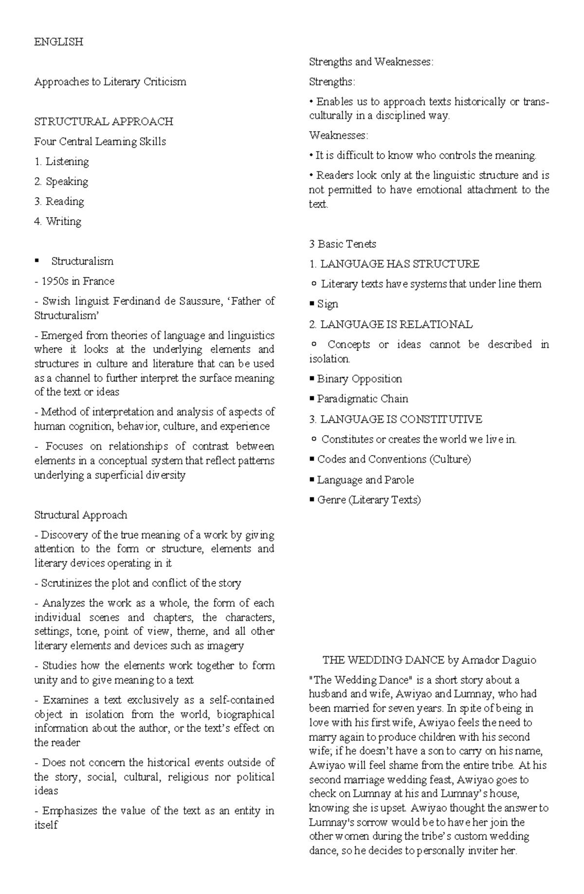 English 10 Reviewer [3rd Quarter] - ENGLISH Approaches to Literary Criticism STRUCTURAL APPROACH ...