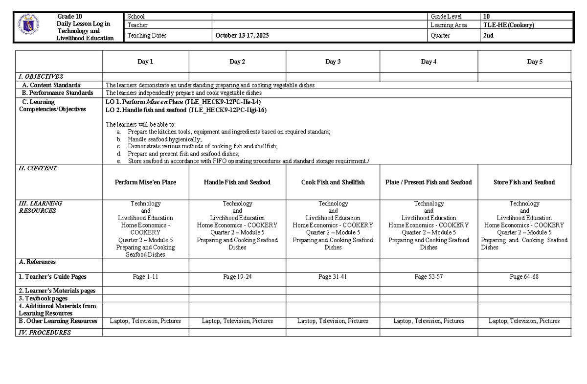 Grade 10 TLE Cookery Daily Lesson Log: Seafood Preparation & Cooking ...