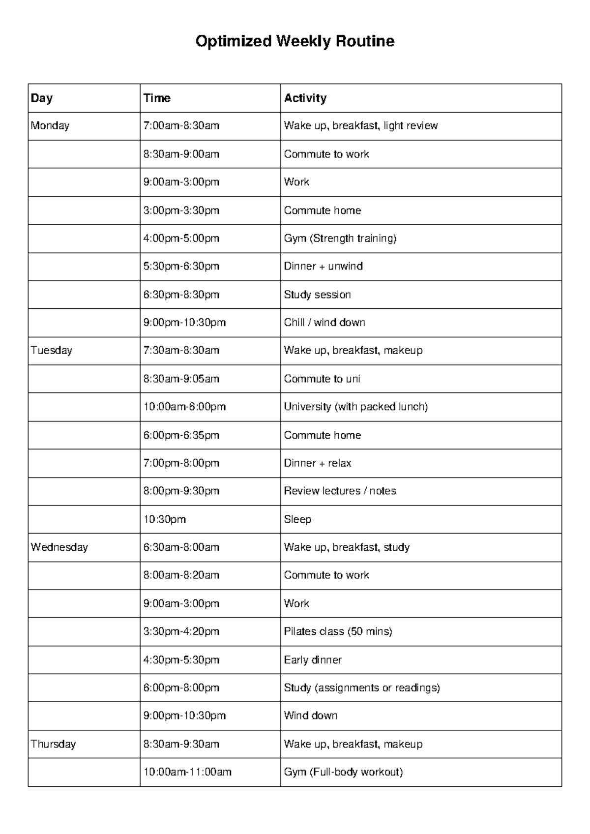 Optimized Weekly Routine: Daily Activities & Study Schedule - Studocu