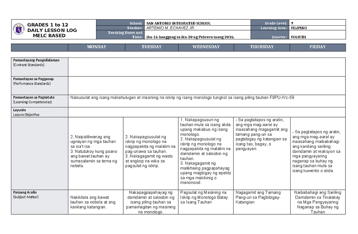 WEEK 4: Daily Lesson Log for Grades 1-12 in Filipino (MELC-Based) - Studocu