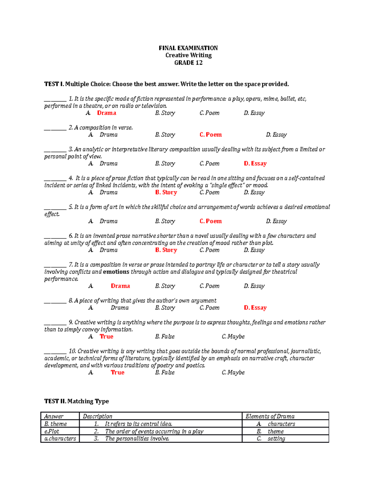 Final Exam in Creative Writing - Grade 12 (Multiple Choice & Essay ...