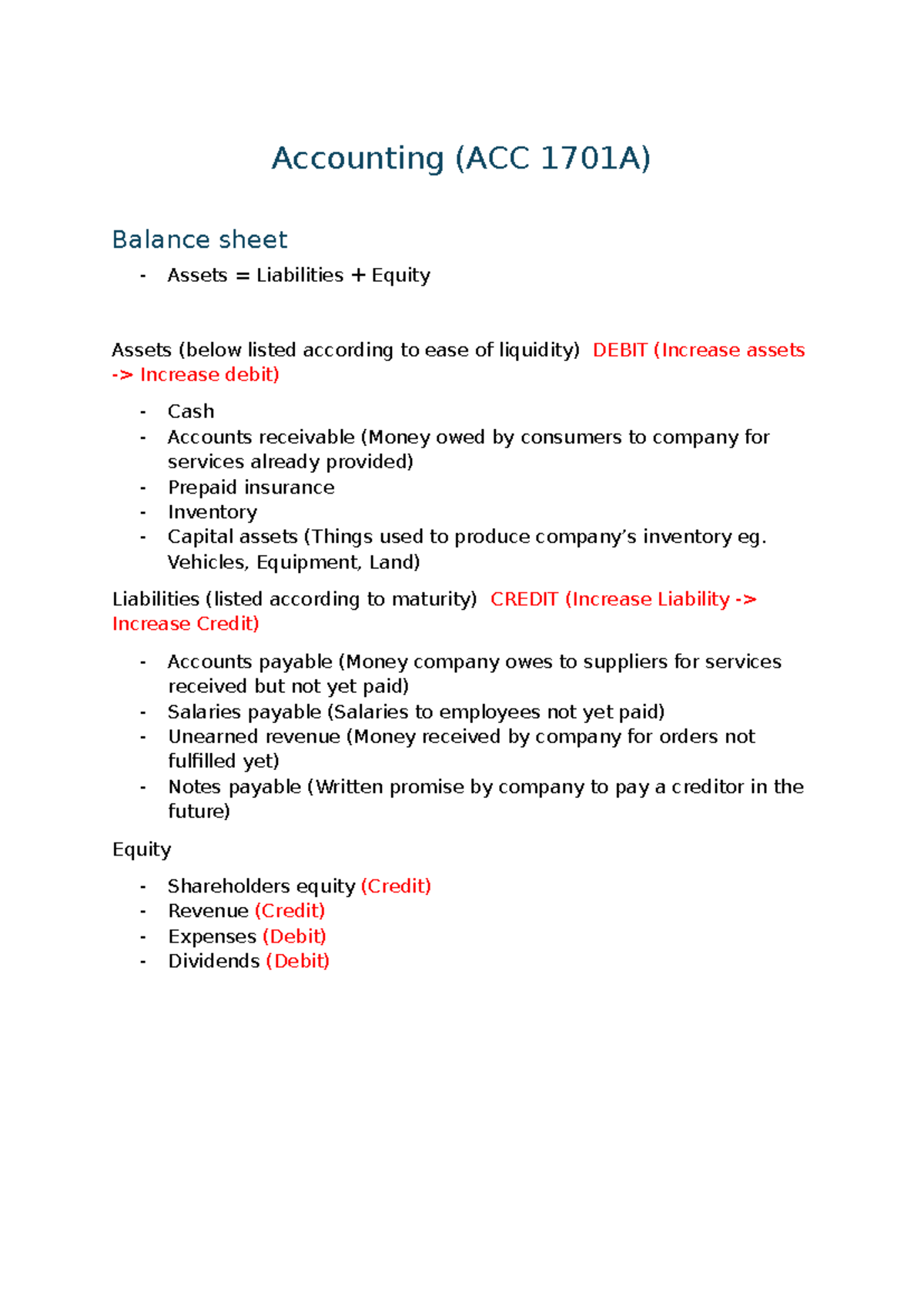 Accounting (ACC 1701A) Comprehensive Notes on Balance Sheet & Income ...