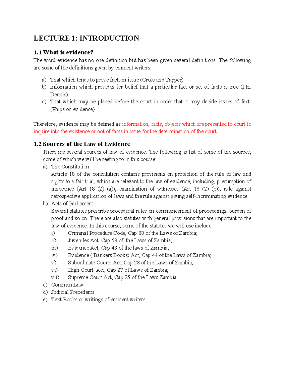 Evidence Law Lecture Notes - Understanding Key Concepts and Sources ...