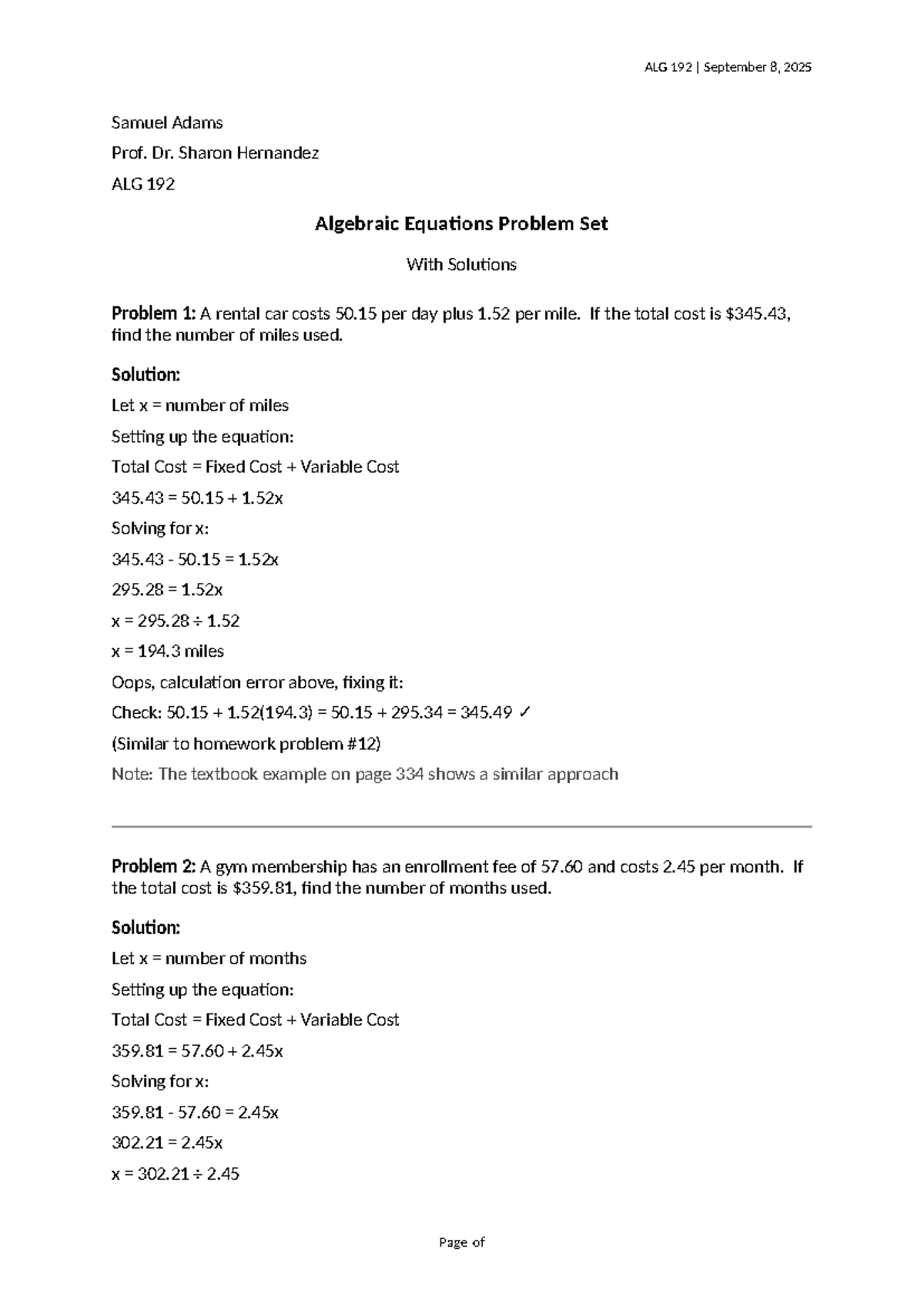 ALG 192 Algebraic Equations Problem Set with Solutions - Studocu