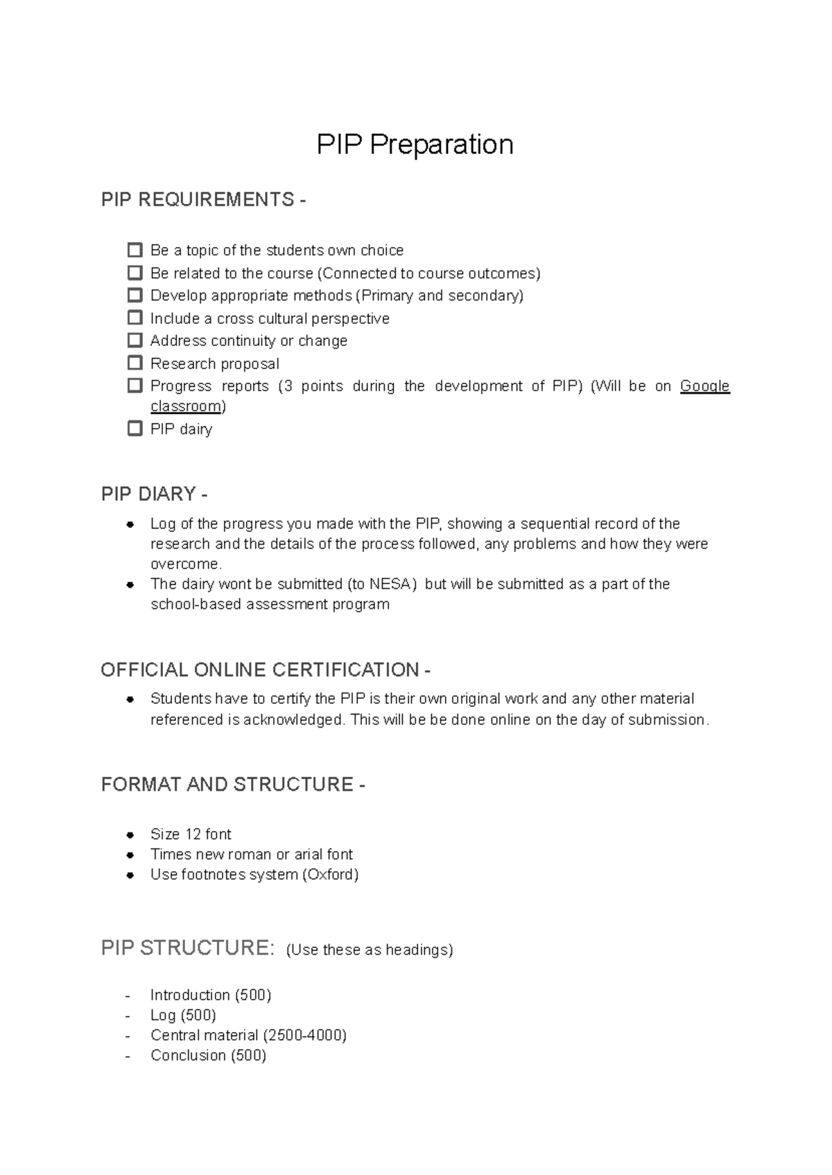 PIP Preparation - Lesson on Requirements and Structure for PIP - Studocu