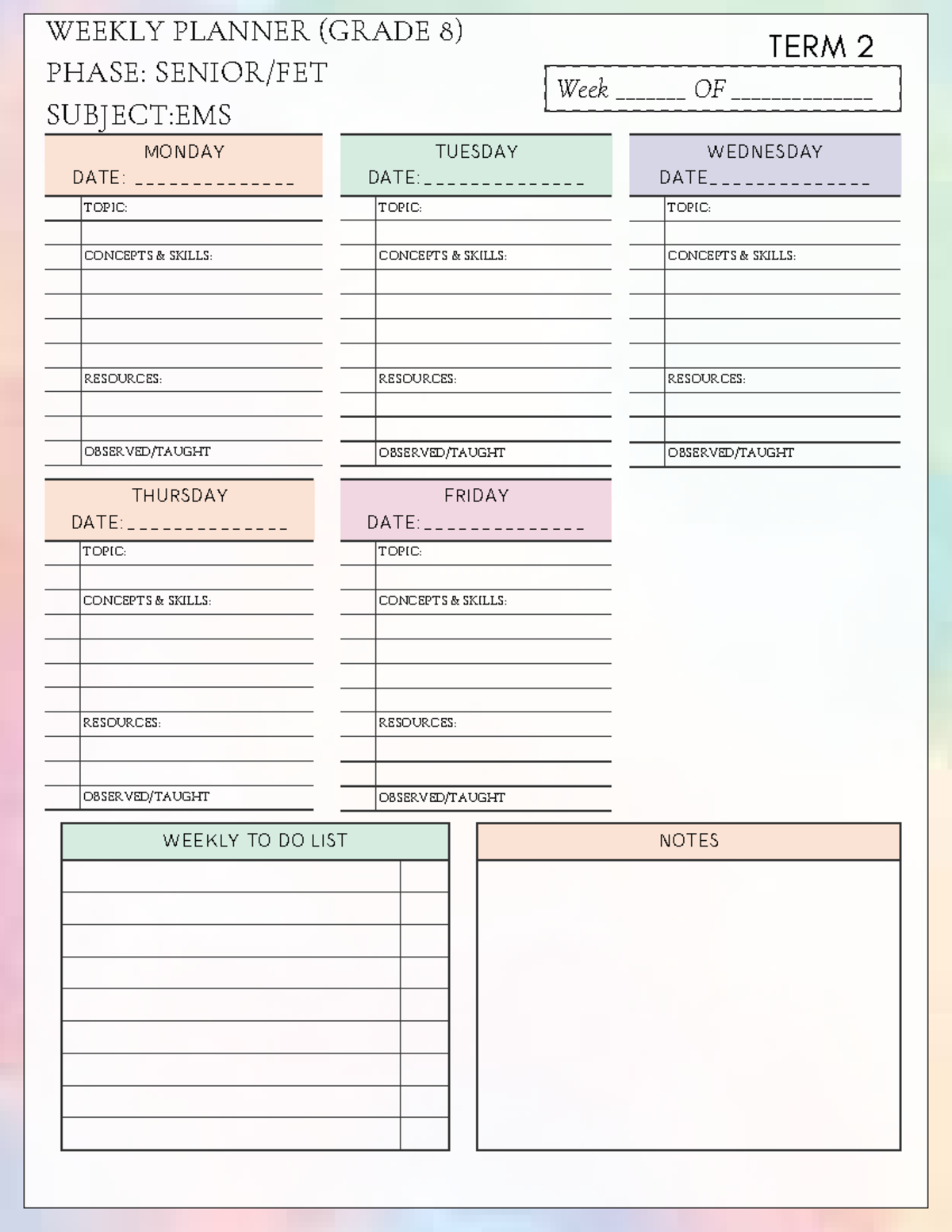 Weekly Planner for Term 2 (Grades 8-10) - EMS & English - Studocu