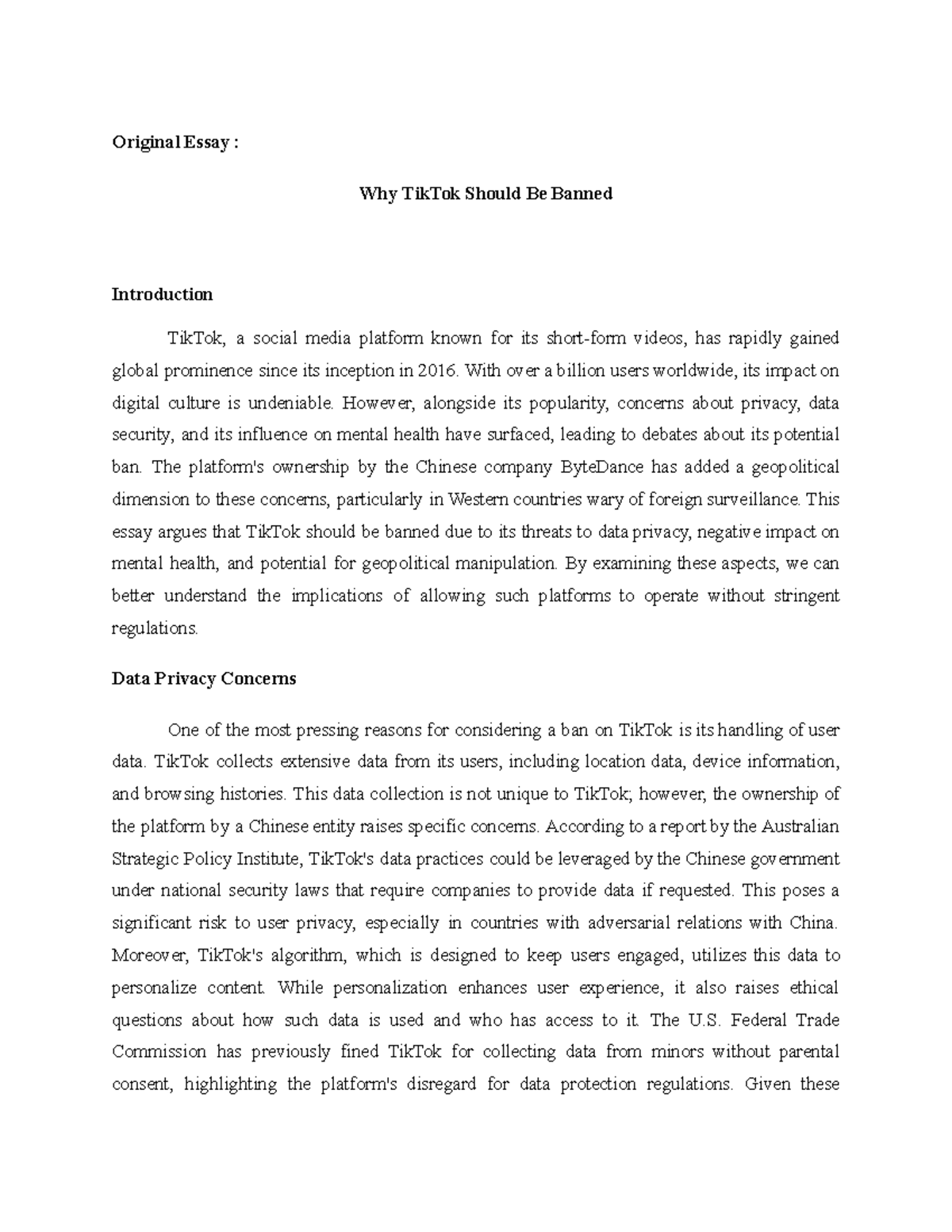 Reasons Tik Tok Should Be Banned - Original Essay : Why TikTok Should ...
