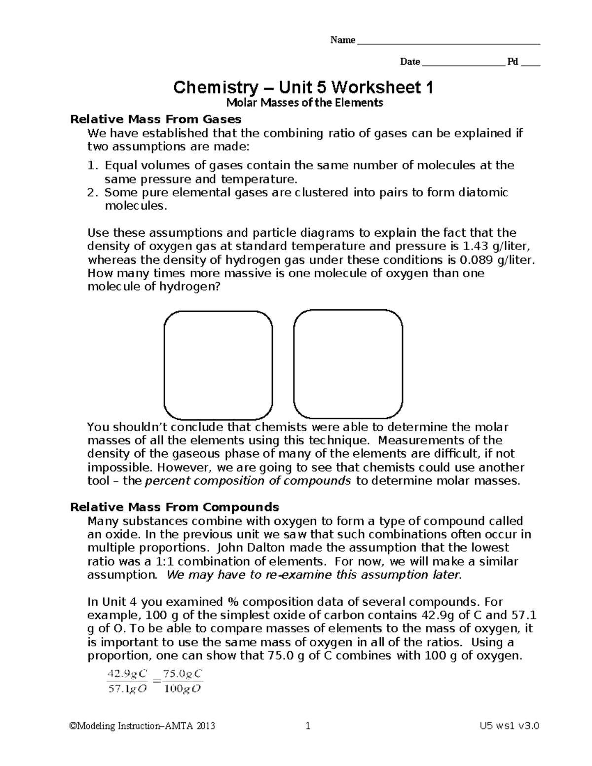 Chemistry Unit 5 Worksheet 1: Molar Masses & Gas Densities - Studocu