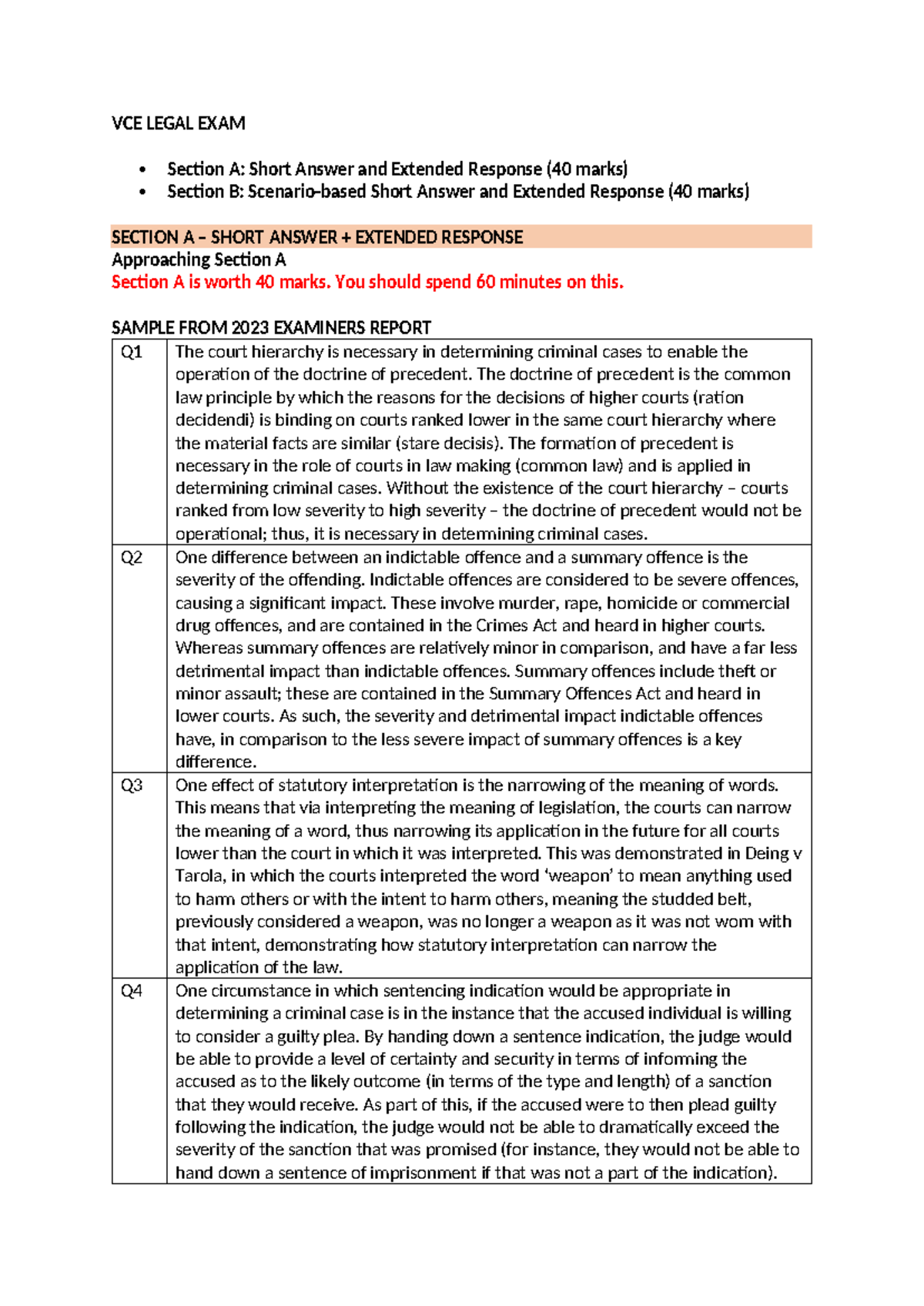 VCE LEGAL 2023 EXAM REPORT: Short & Extended Responses Analysis - Studocu
