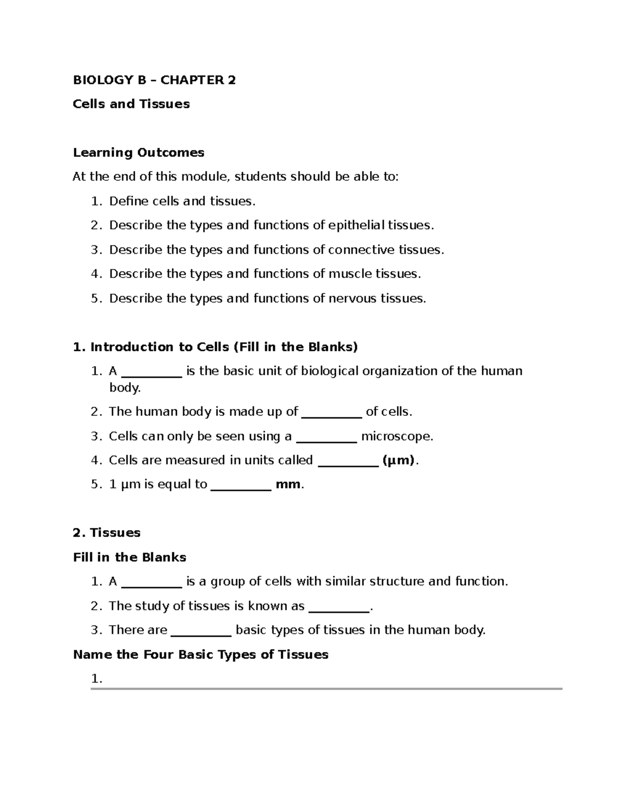 BIOLOGY B CHAPTER 2: Cells and Tissues Learning Outcomes - Studocu