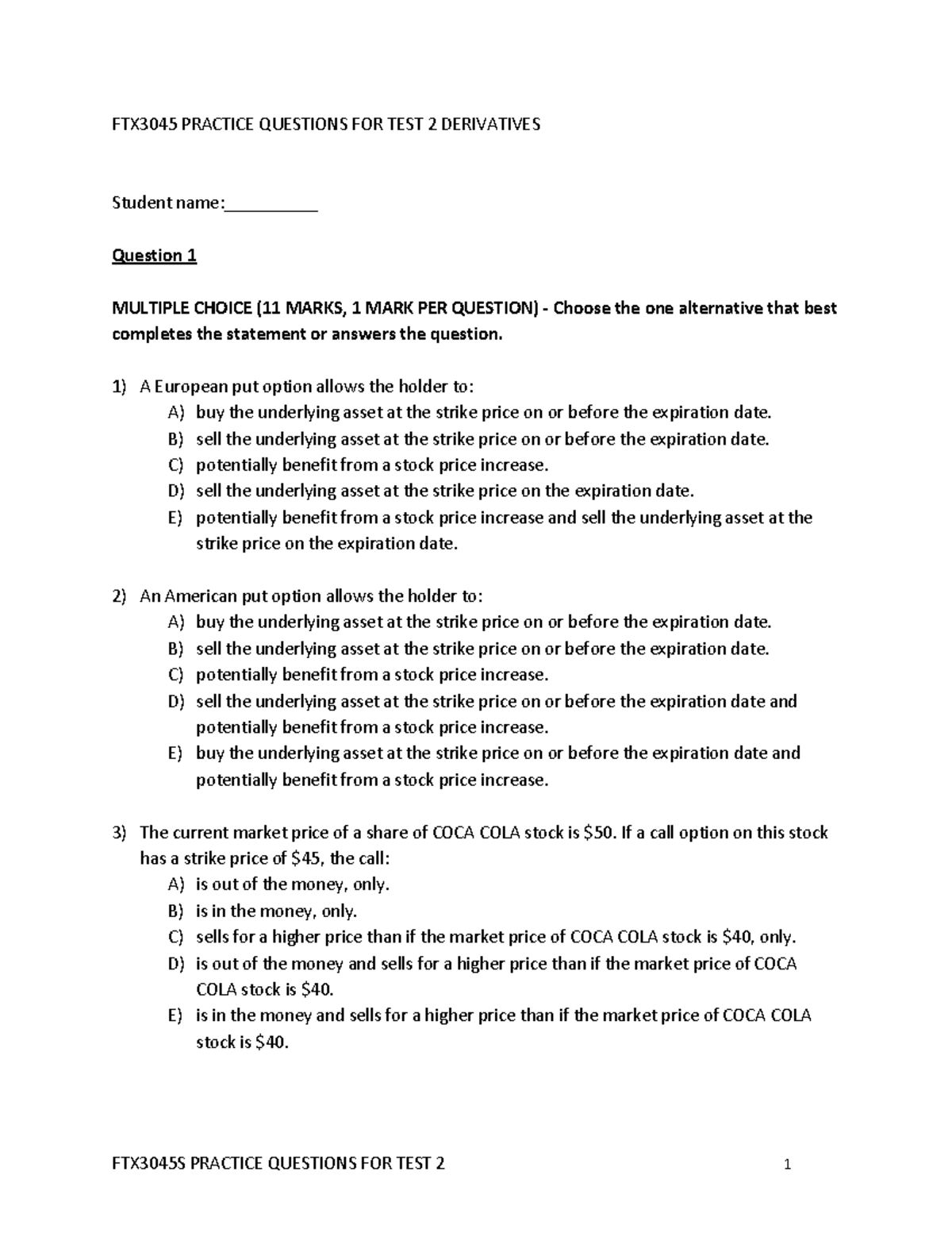 FTX3045S PRACTICE QUESTIONS FOR TEST 2: DERIVATIVES MULTIPLE CHOICE ...