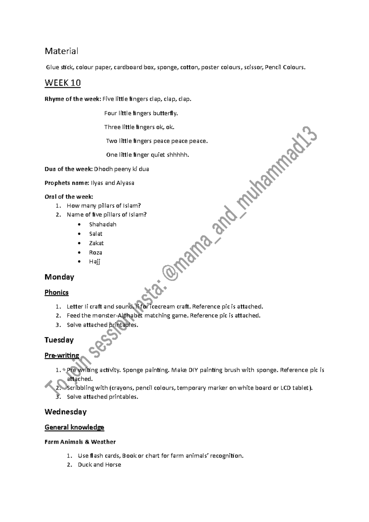 Week 10 Lesson Plan: Activities & Rhymes for Kids - Studocu