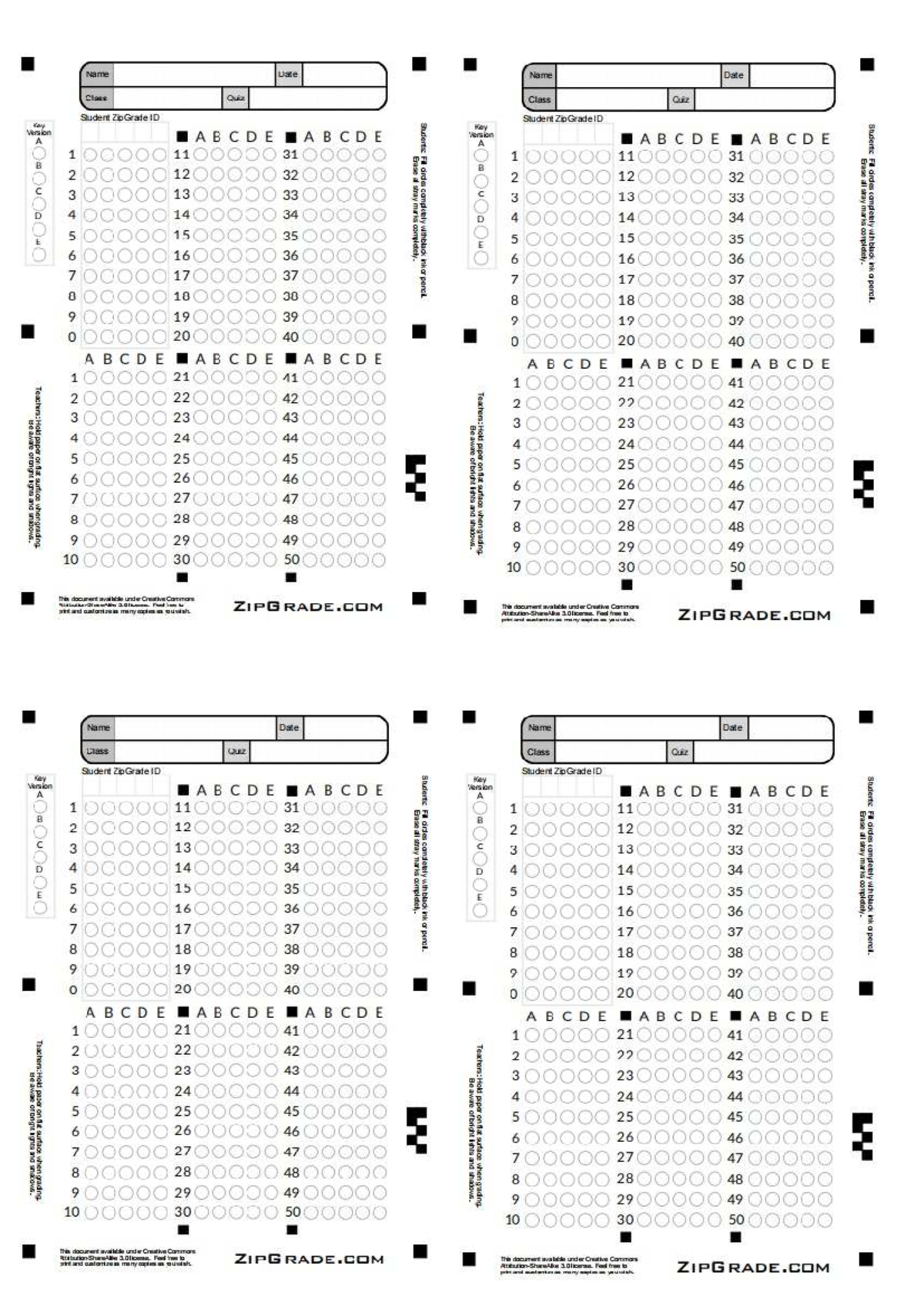 Zipgrade Class Quiz - 50 Items by 4's (60 Copies) - Studocu