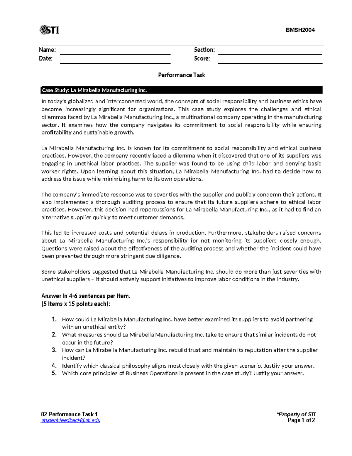 Performance Task Case Study: La Mirabella Mfg. Inc. (Bus Eth) - Studocu