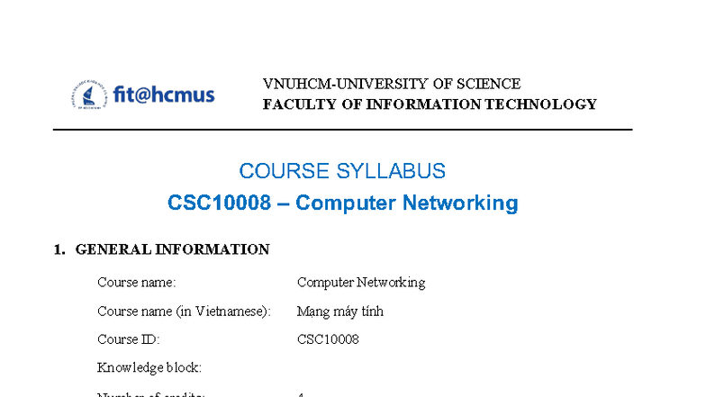 CSC10008 Computer Networking Course Syllabus 2021 - Studocu