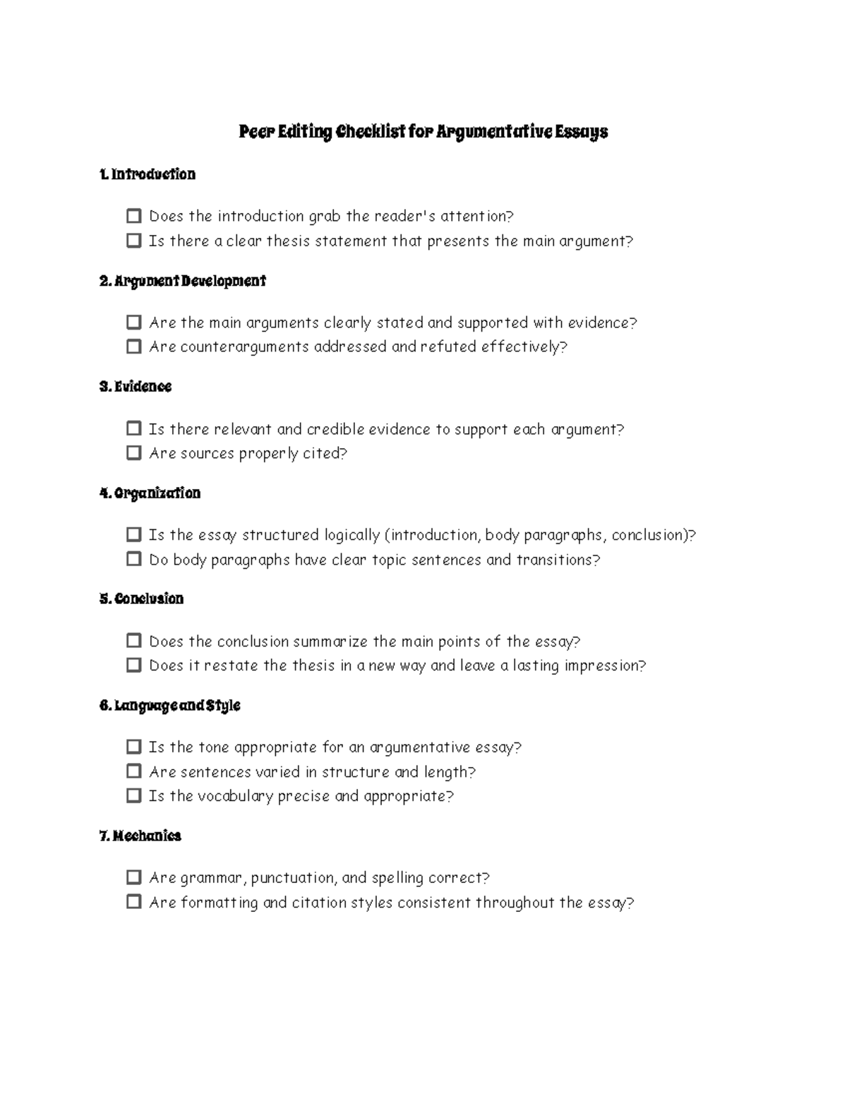 Argumentative Essay Peer Editing Checklist for Improvement - Studocu