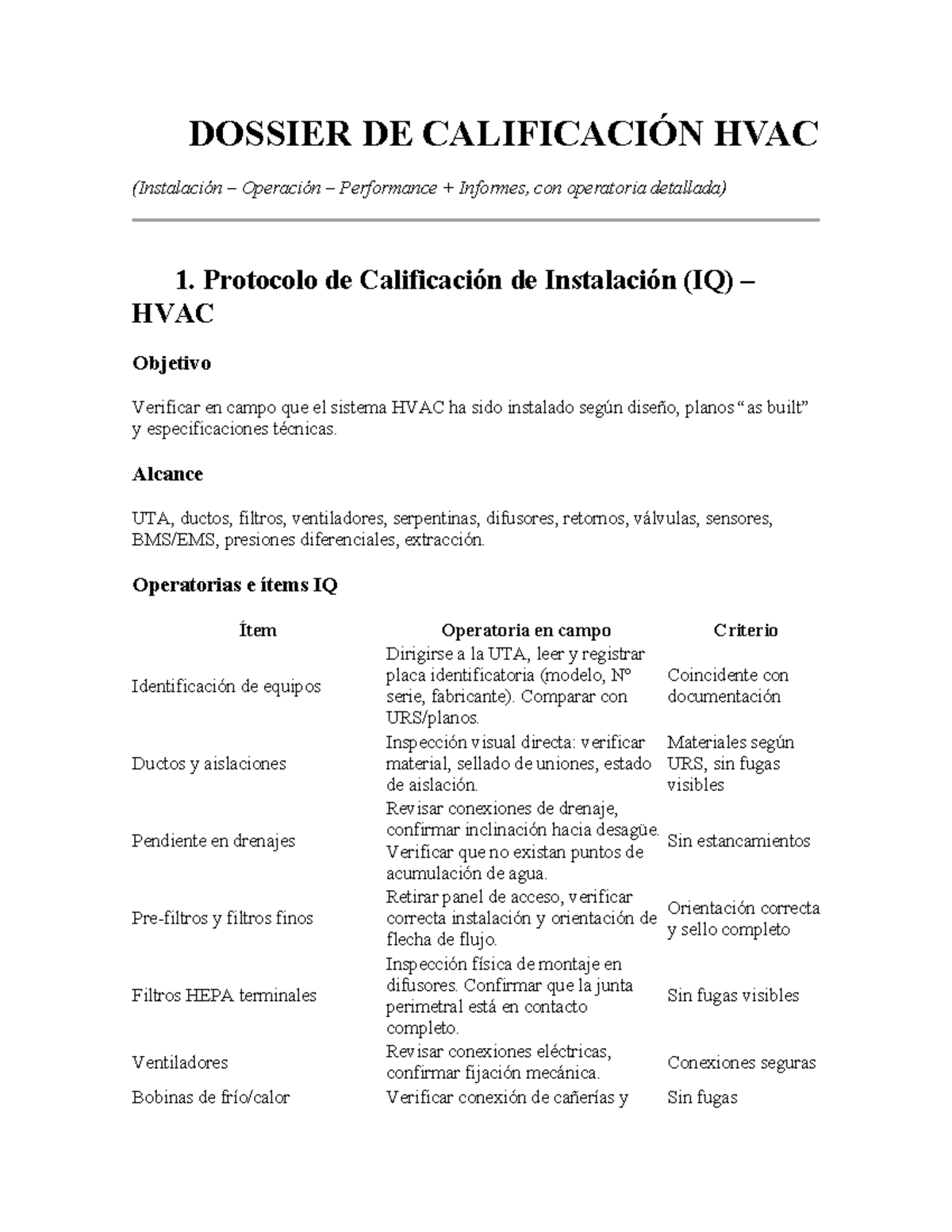 HVAC - Protocolo de Calificación IQ, OQ y PQ para Instalación y ...