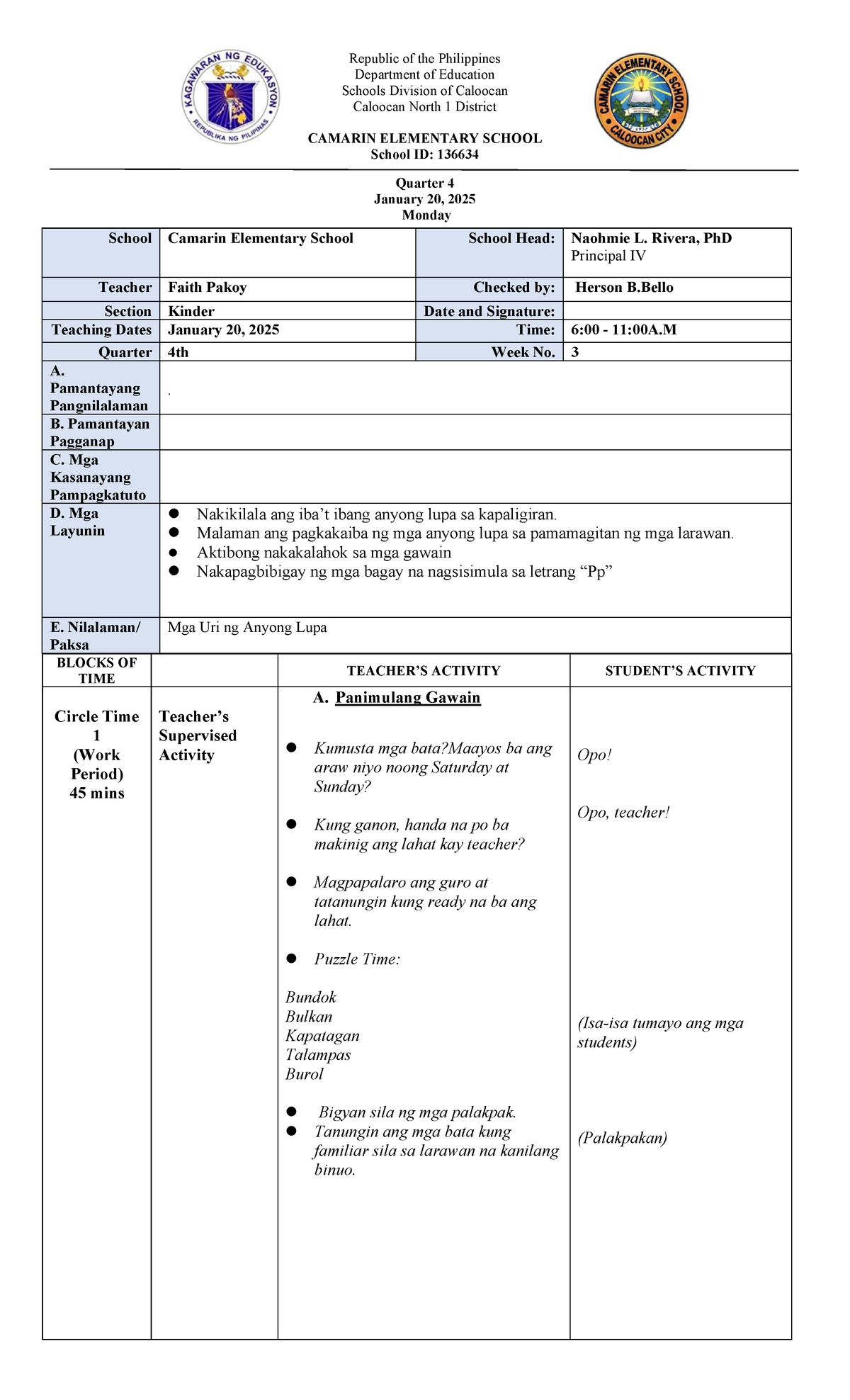 Pakoy-Dai LP-Kinder - Lesson plan - Republic of the Philippines ...