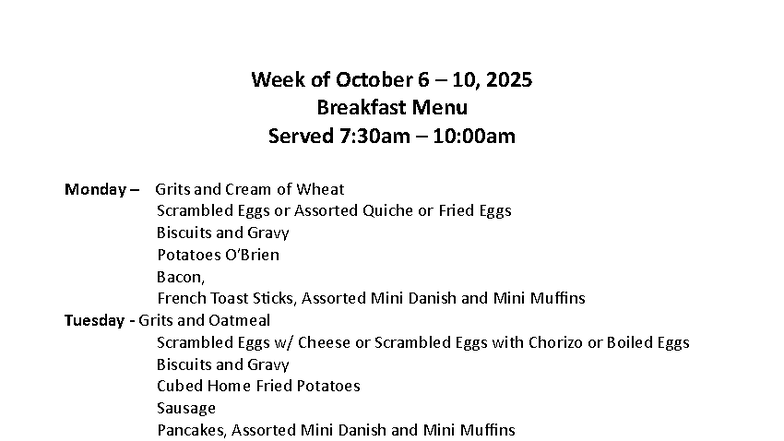 Breakfast and Lunch Menus for October 6-10, 2025 - Studocu