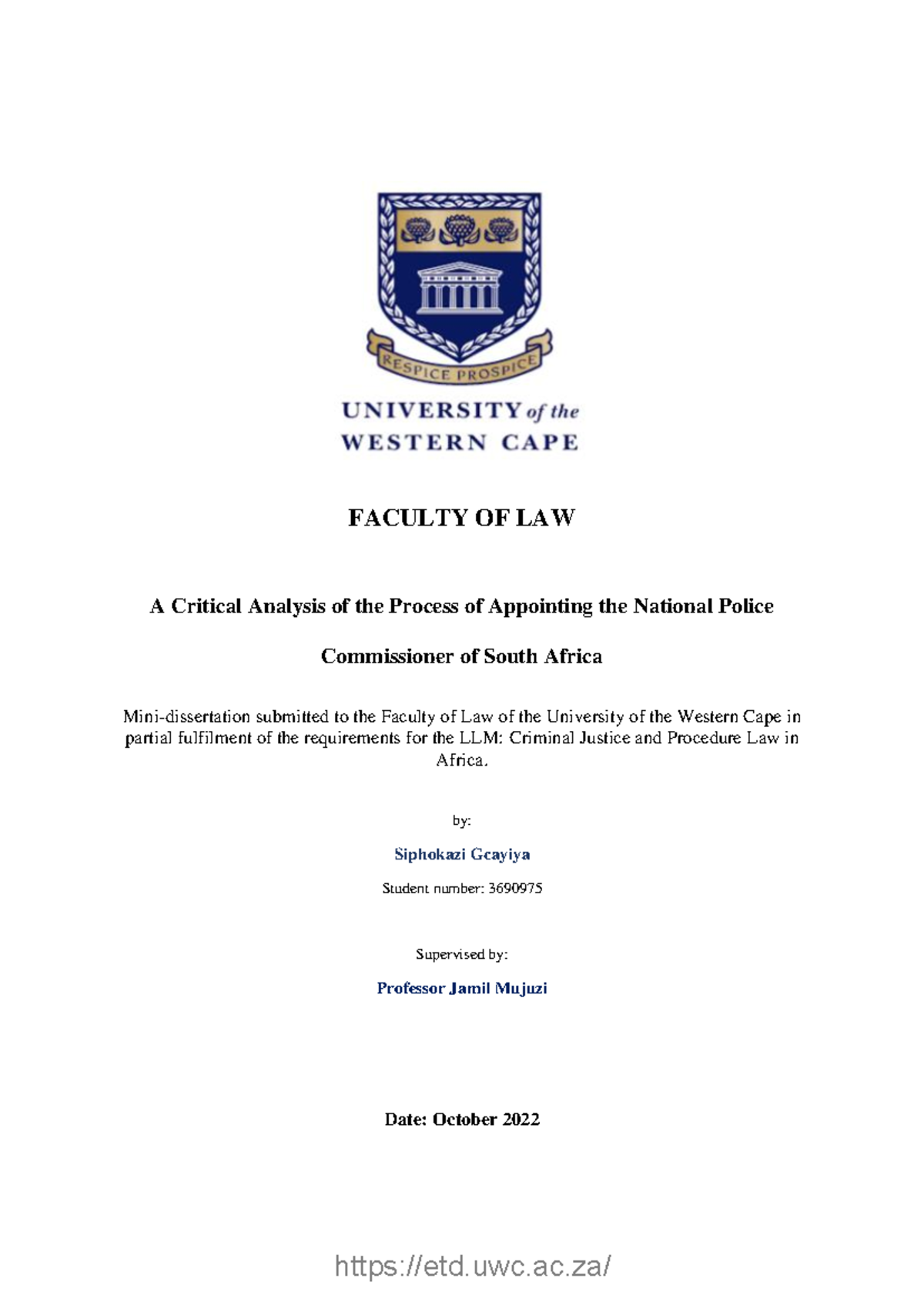 LLM: Criminal Justice and Procedure Law in Africa - Analysis of NPC ...