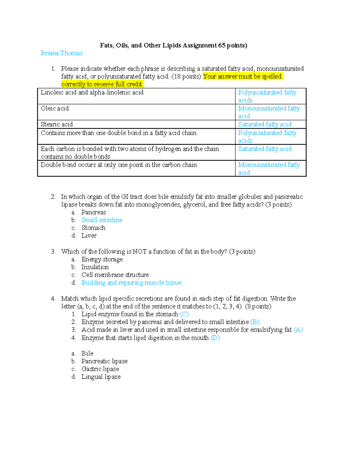 Fats Assignment BT - Understanding Fatty Acids & Digestion - Studocu