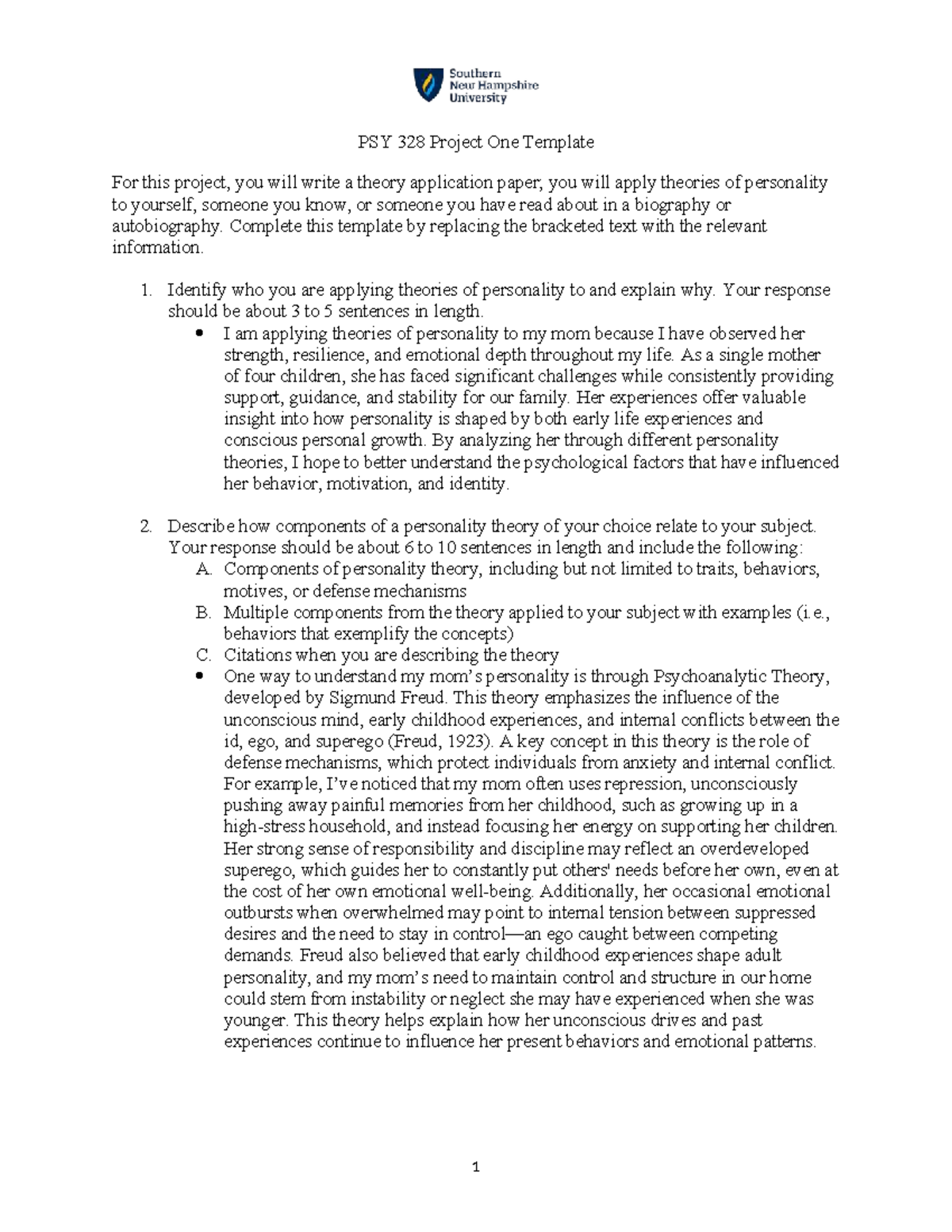 PSY 328 Theory Application Project: Personality Analysis Template - Studocu