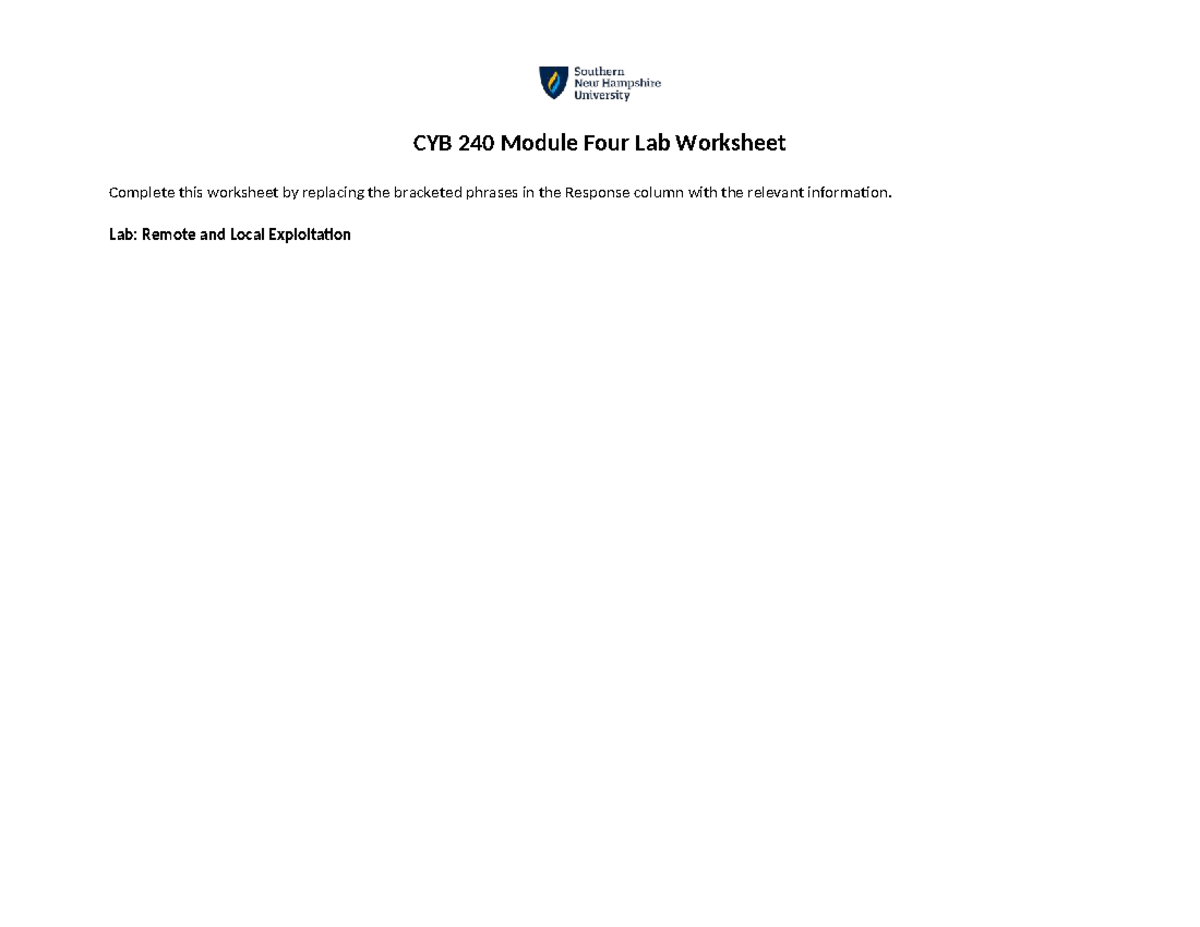 CYB 240 Module Four Lab: Remote & Local Exploitation Worksheet - Studocu