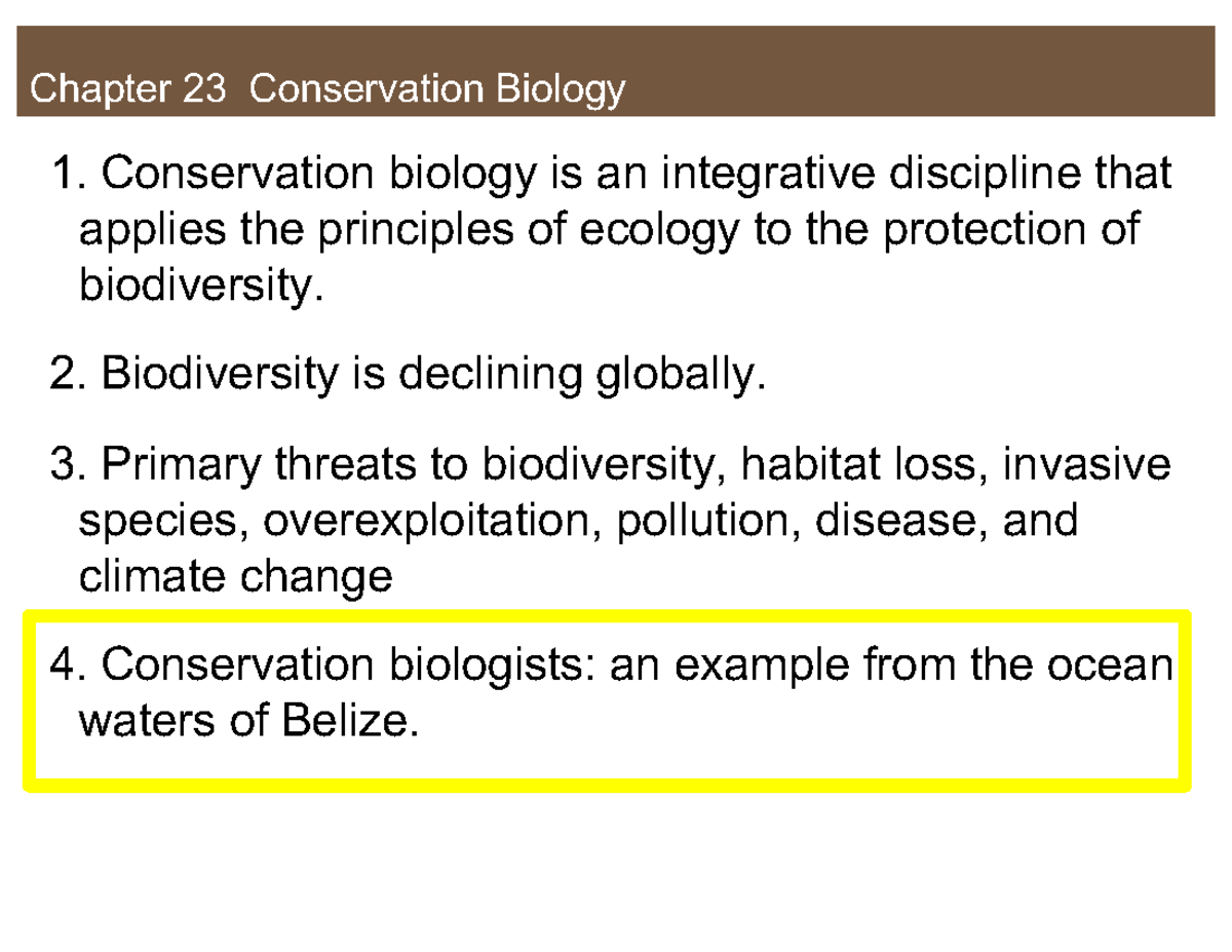 Chapter 23 Conservation Biology: Biodiversity & Threats Overview - Studocu