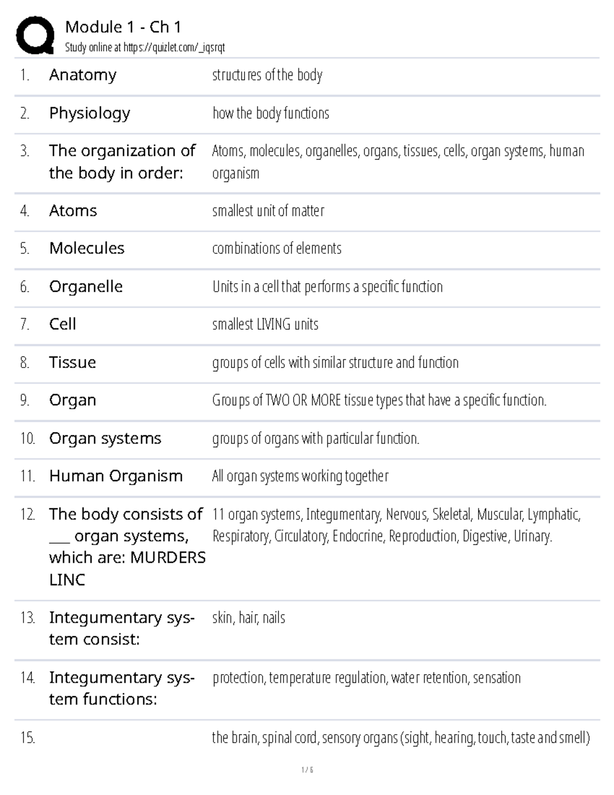 Module 1 Ch 1 Study Guide: Anatomy & Physiology Overview - Studocu